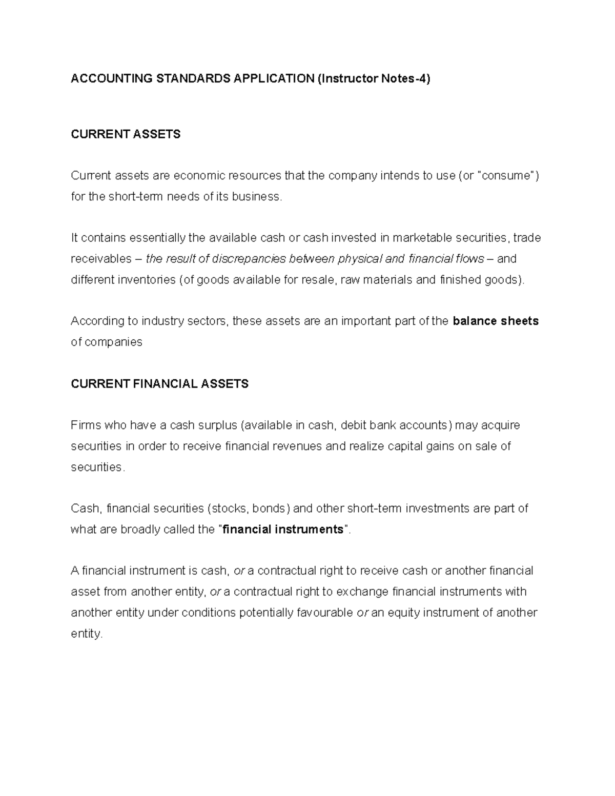 Class notes 4 - Summary Accounting Standards Application - ACCOUNTING ...