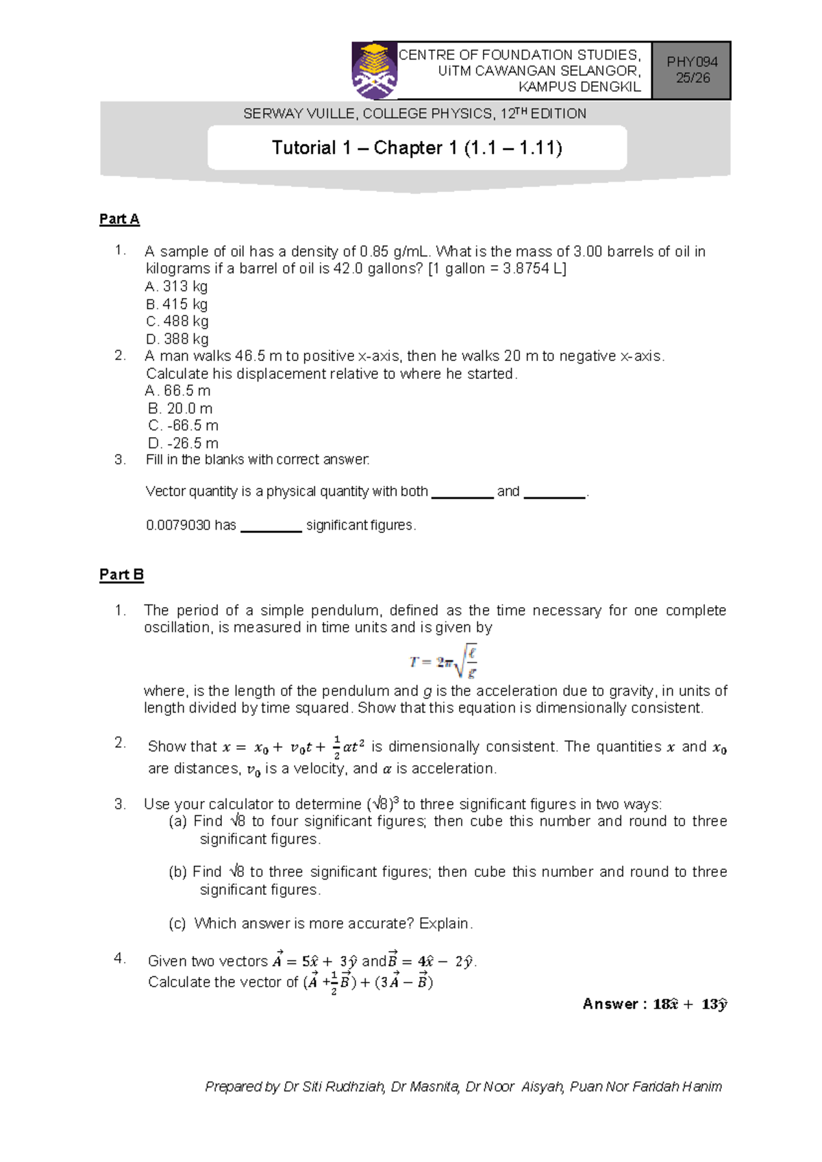 PHY094 Tutorial 1: Chapter 1 Problems & Solutions - UiTM Dengkil - Studocu