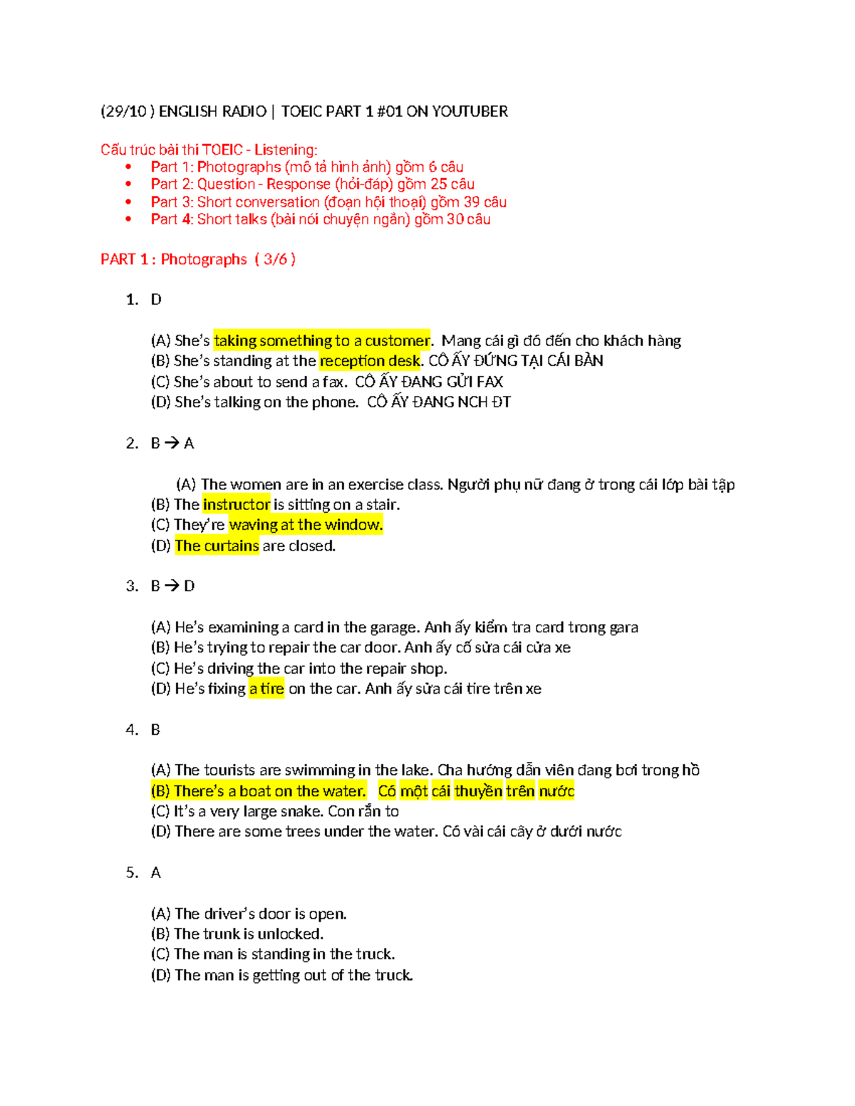 TOEIC Listening Part 1: Photo Descriptions (29/10) - Studocu