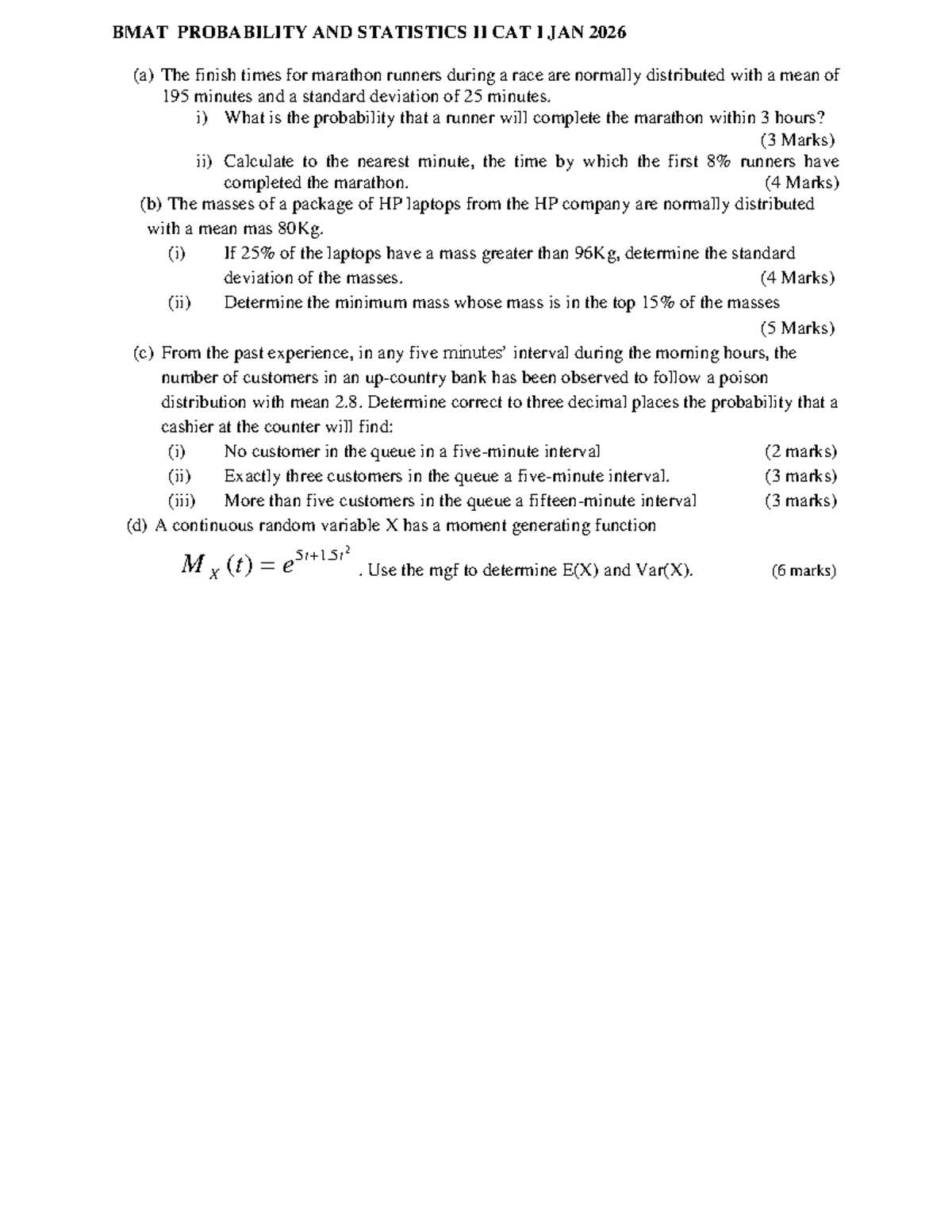 BSTA 2104 Probability and Statistics II CAT I Jan 2026 Exam Notes - Studocu
