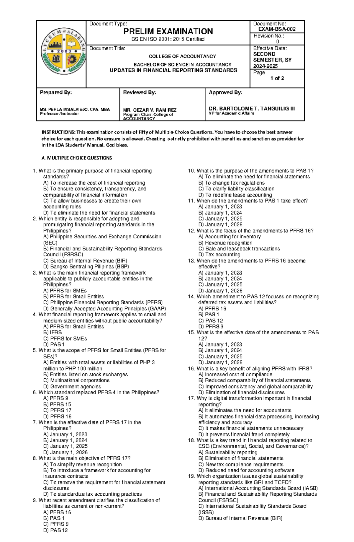 PRELIM EXAM BS EN ACC: Updates in Financial Reporting Standards - Studocu