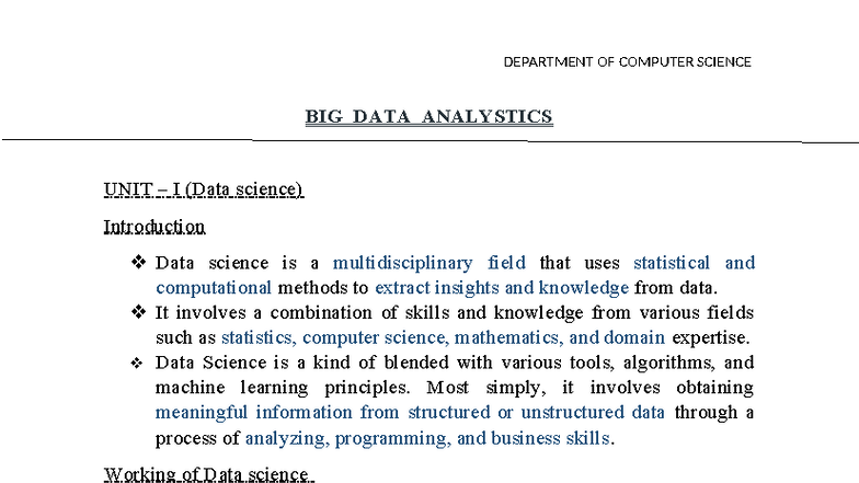 BIG DATA ANALYTICS UNIT I - M.COM (CA) Overview and Applications - Studocu