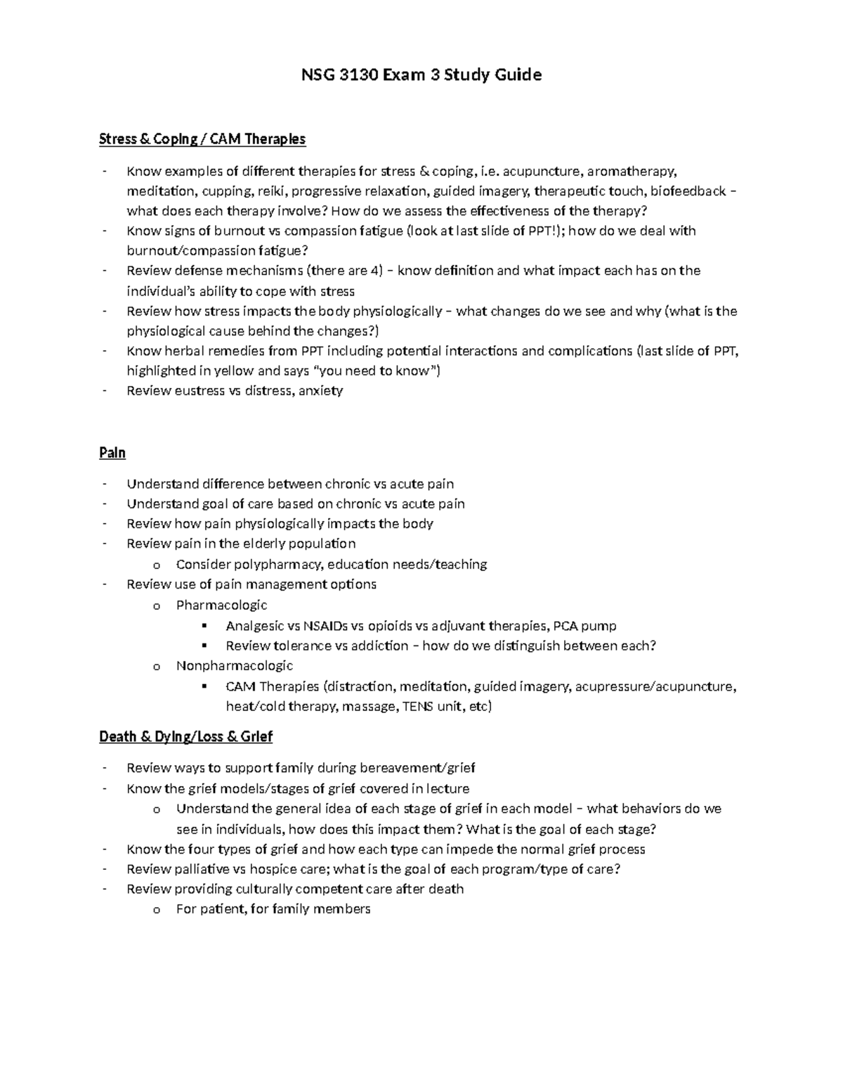 NSG 3130 Exam 3 Study Guide: Stress, Pain, Death & Grief Concepts - Studocu