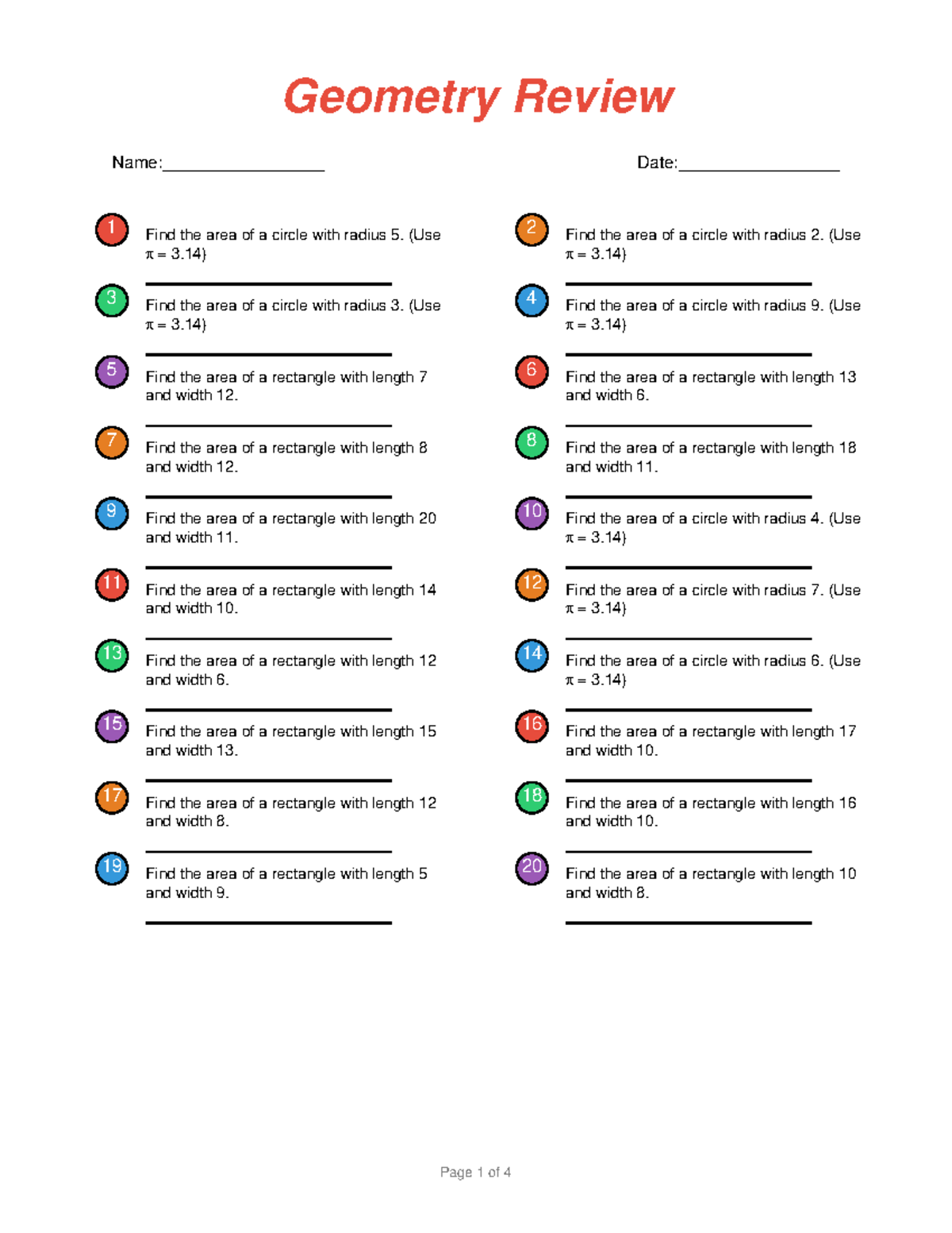 Geometry Review 3: Area Calculations for Circles & Rectangles - Studocu