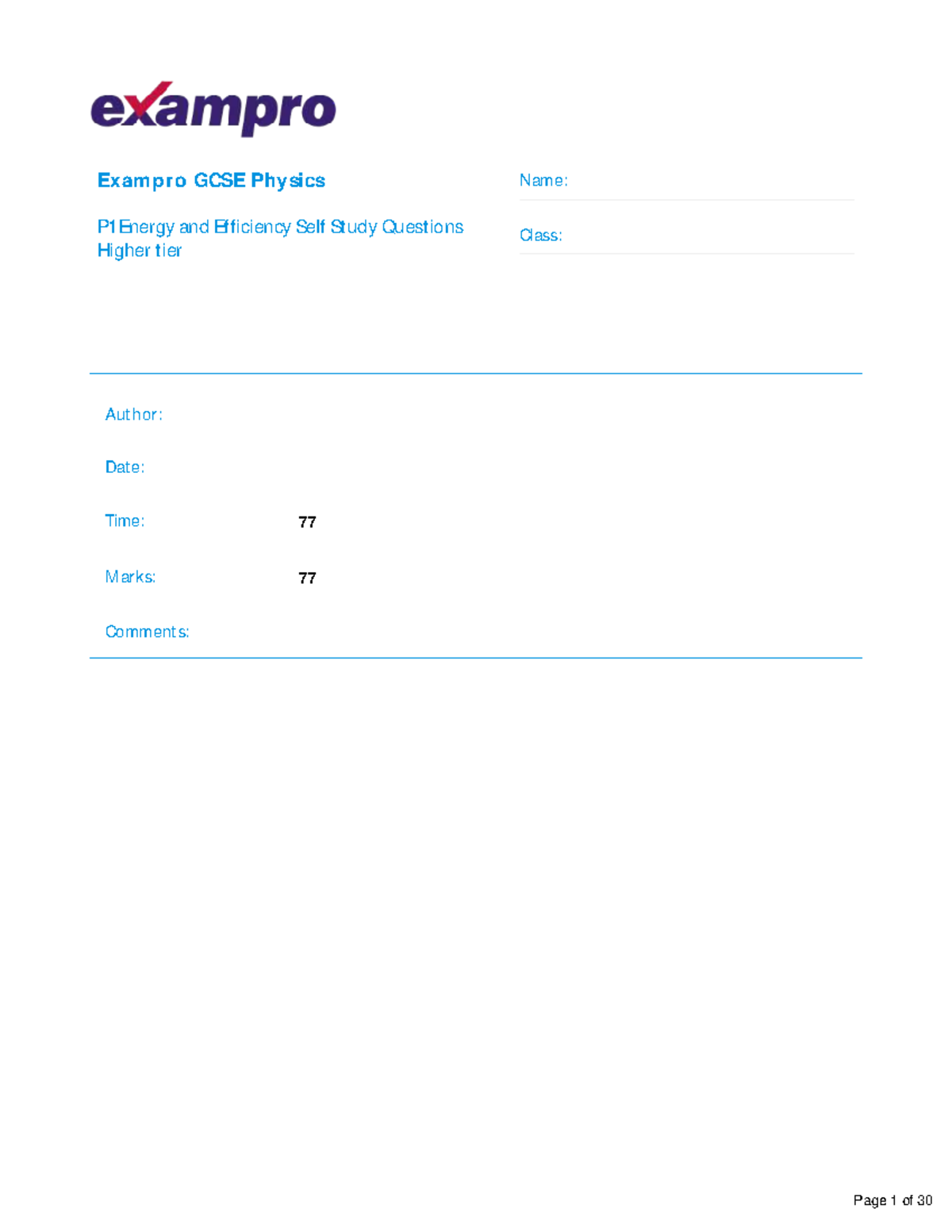 GCSE Physics P1 Energy and Efficiency Self-Study Questions - Studocu