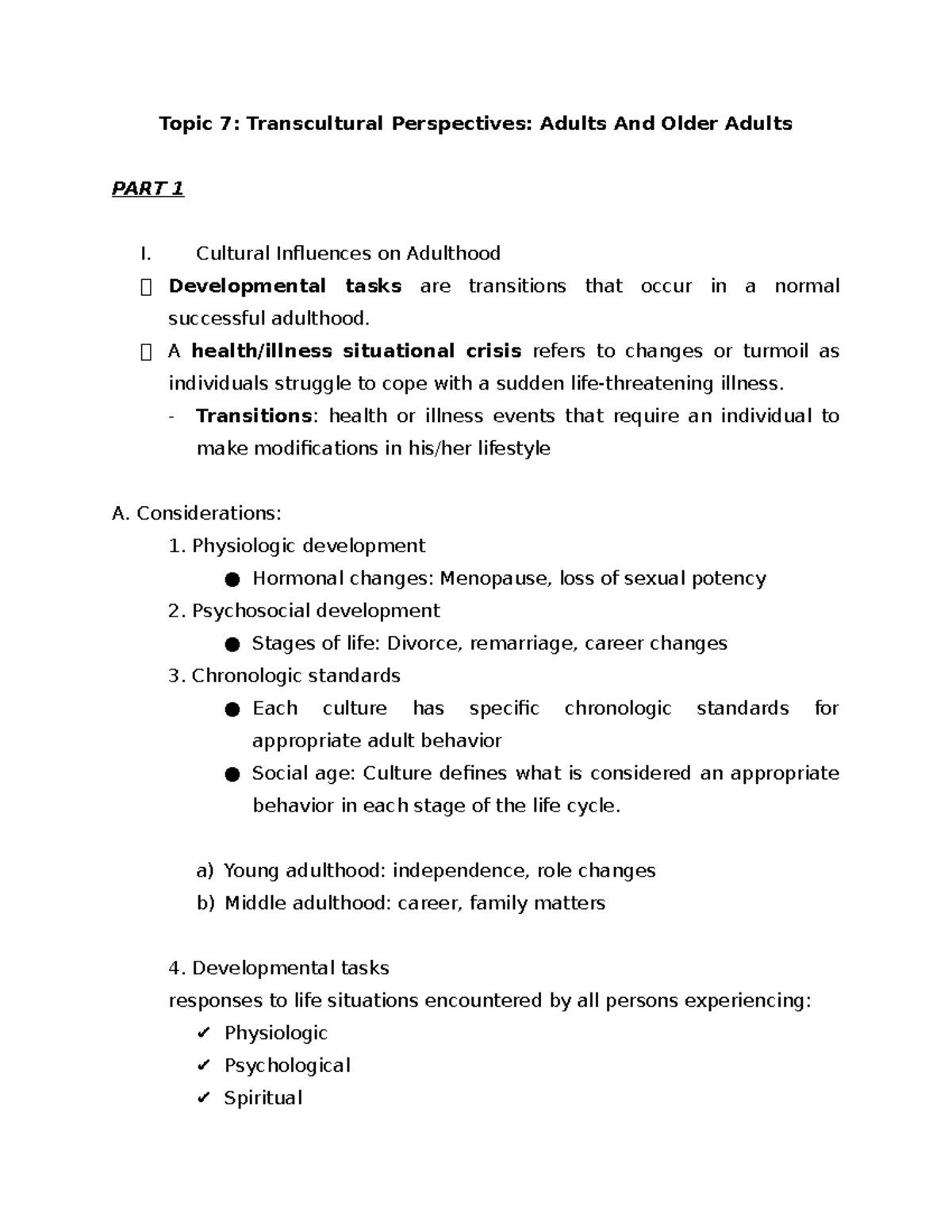 Topic 7 Transcultural Perspectives Adults And Older Adults - Cultural ...