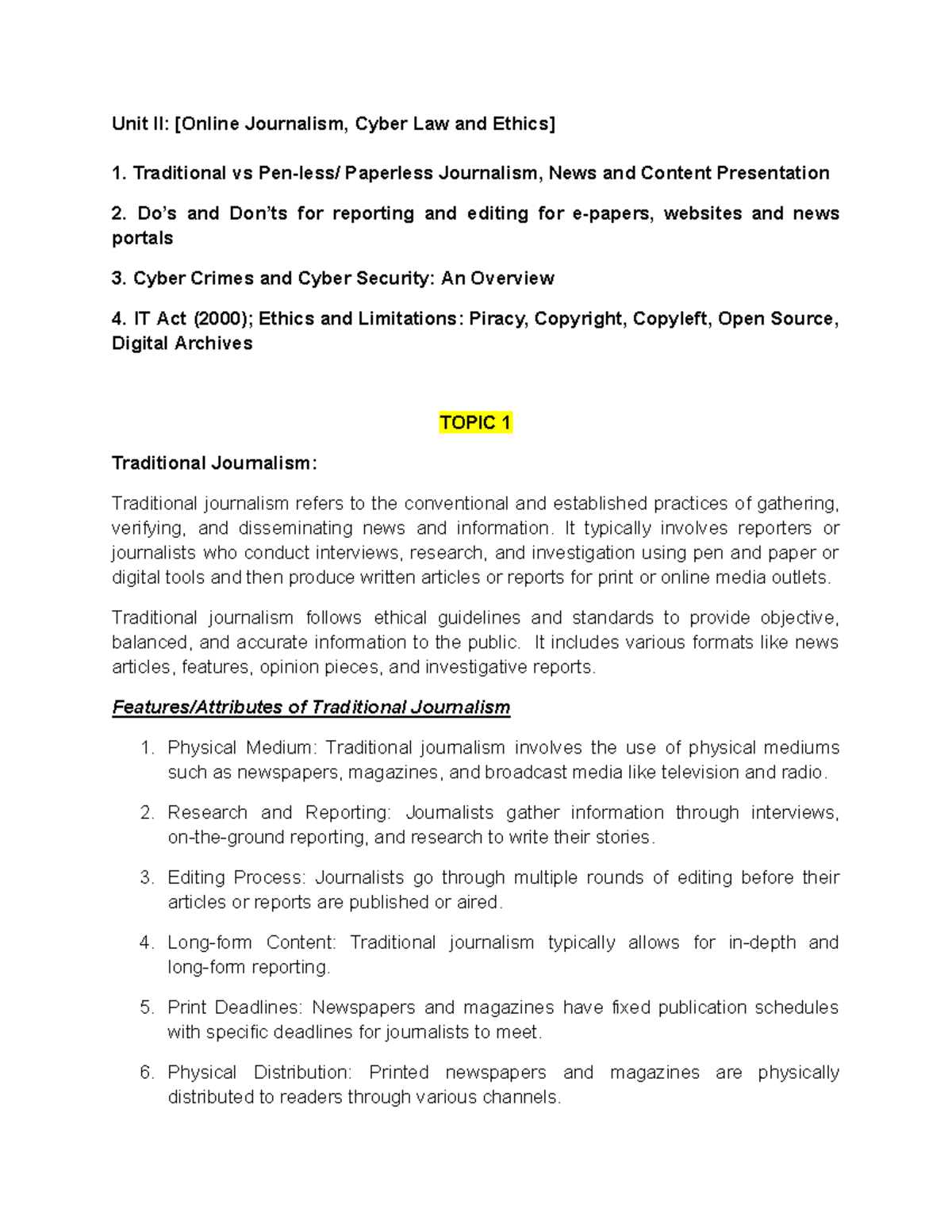 Unit II: Online Journalism, Cyber Law & Ethics - Study Notes U2 - Studocu