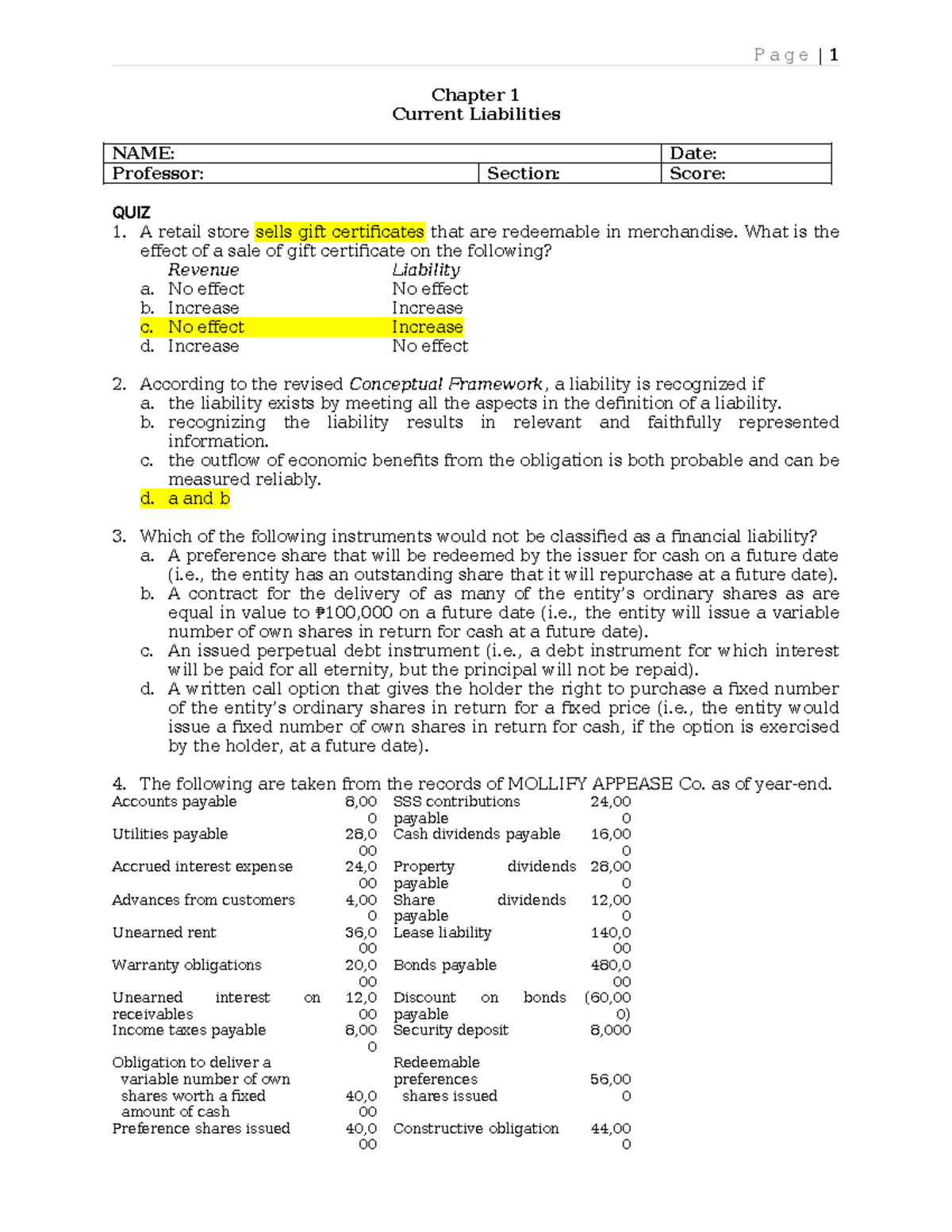 Quiz Ch 1 Current Liabilities Overview And Sample Questions 2023 Studocu