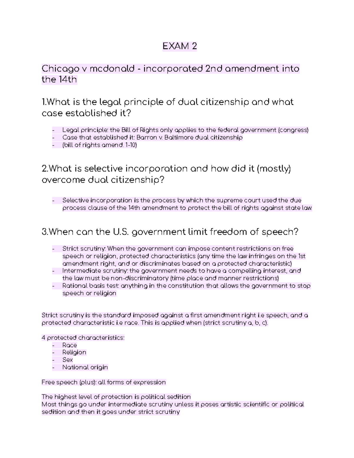 U.S. Constitutional Amendments & Landmark Cases Study Guide (CIV 101 ...