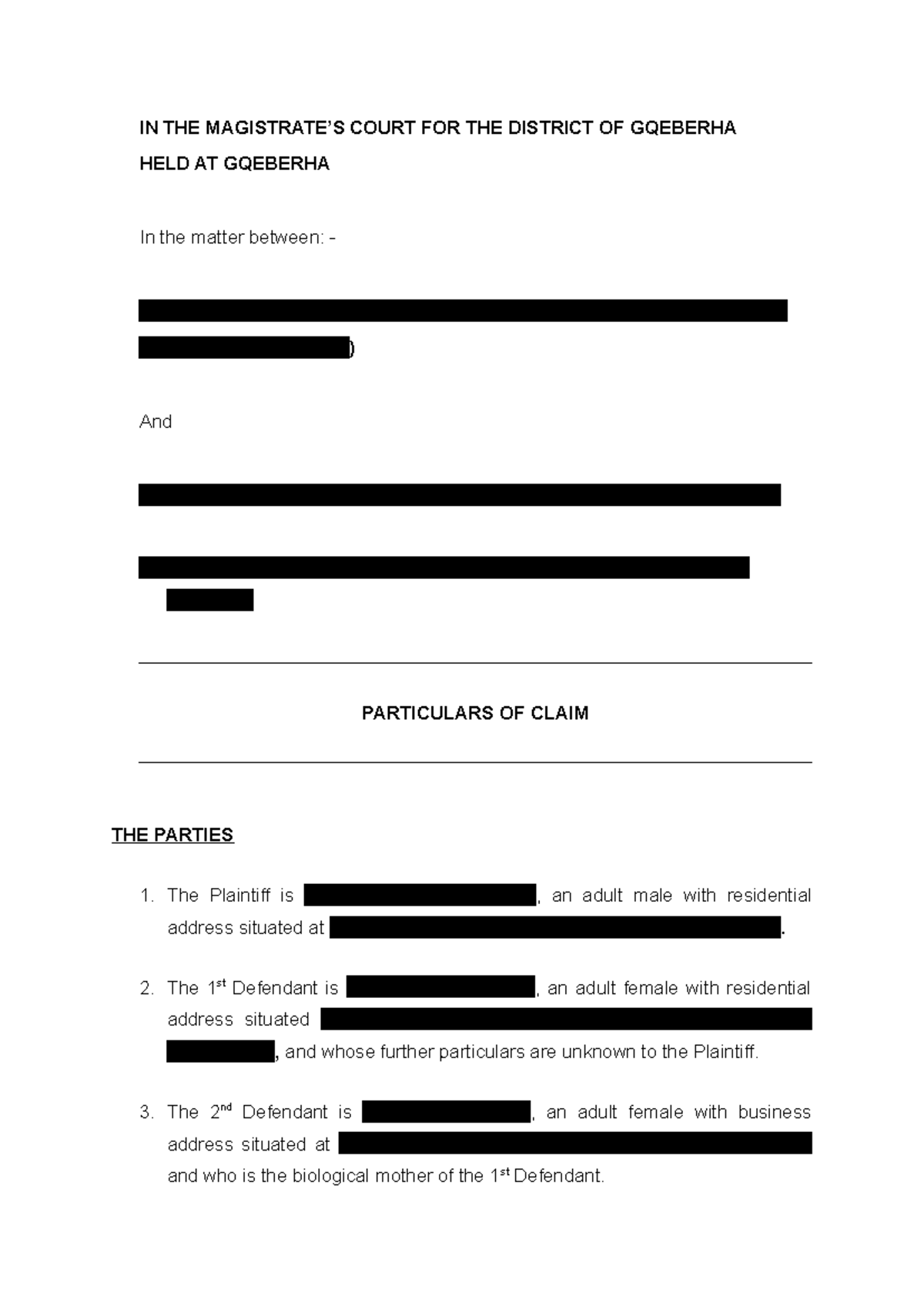 Particulars of Claim - GQEBERHA Magistrate's Court Case - 24.10.2024 ...
