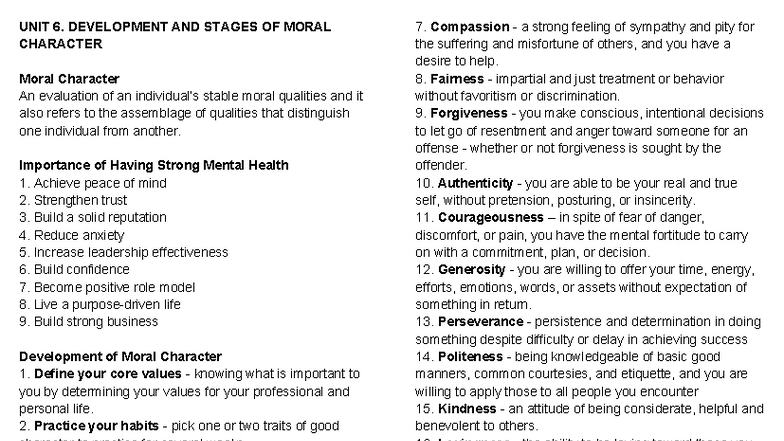 UNIT 6: Development and Stages of Moral Character - Ethics L10 - Studocu