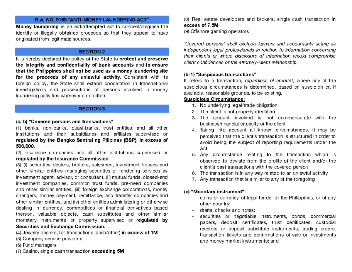 Anti-money laundering act - R. NO. 9160 “ANTI-MONEY LAUNDERING ACT ...