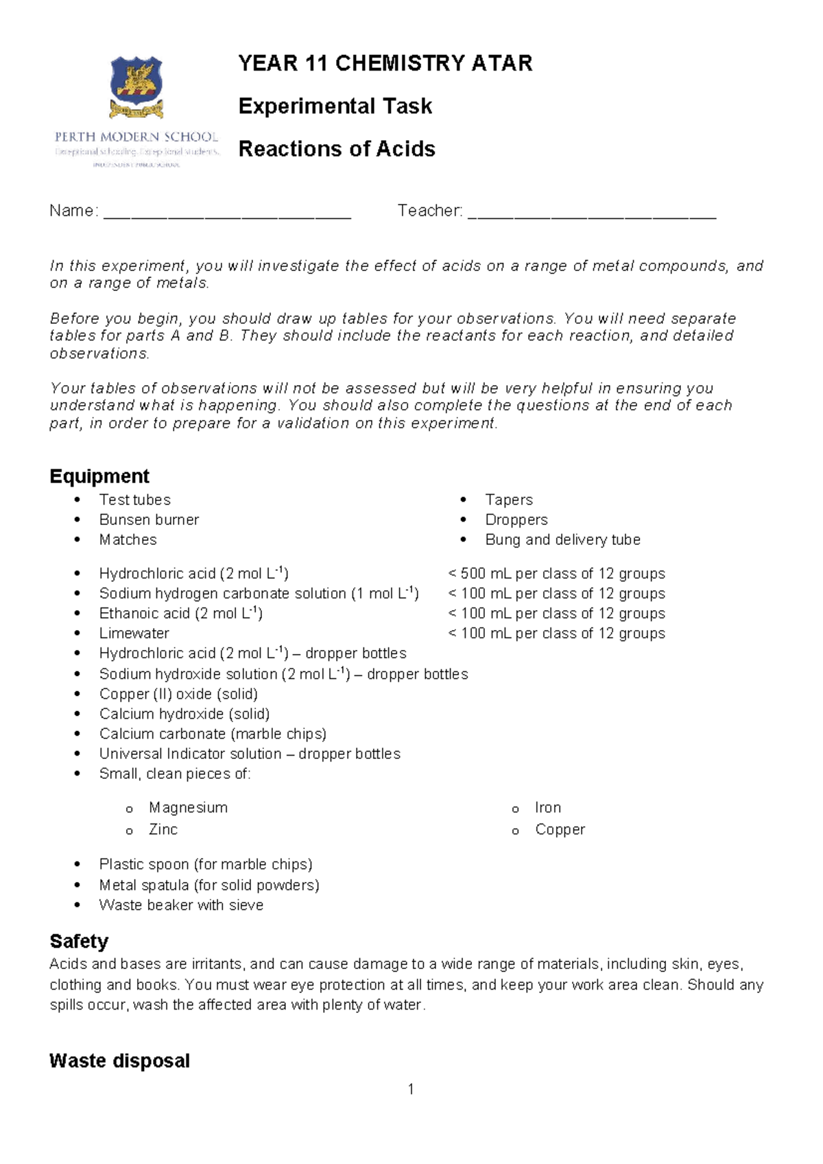 YEAR 11 CHEMISTRY ATAR Experimental Task: Reactions of Acids Prac Sheet ...