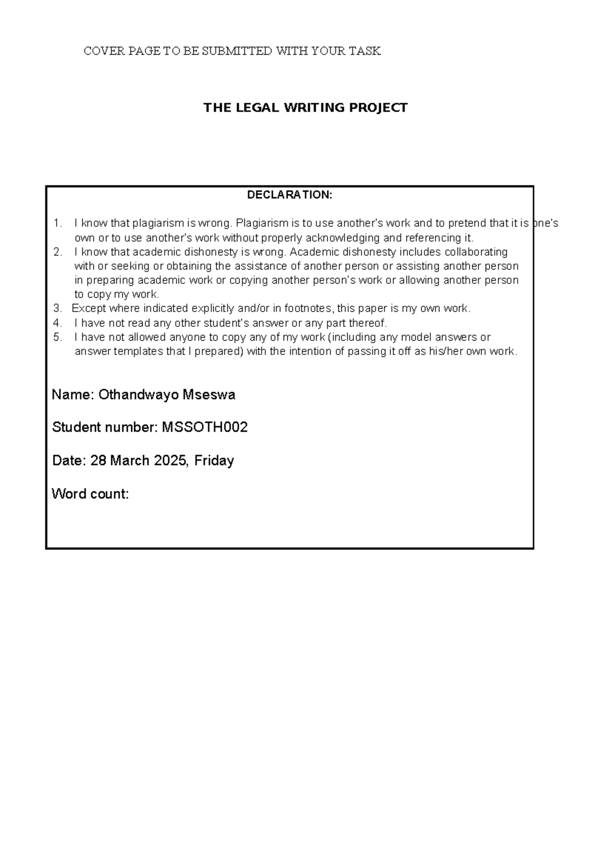 PVL1003W Legal Writing Project Declaration Cover Page - Studocu
