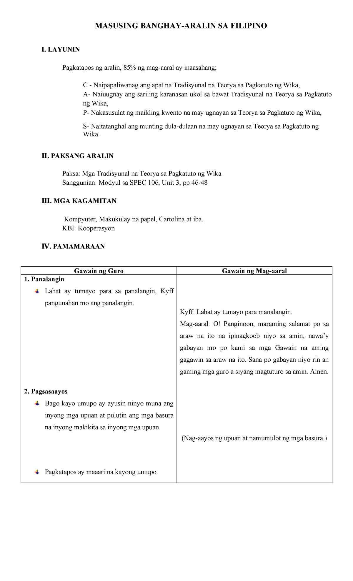 Lesson PLAN SA SPEC106 Mariel - MASUSING BANGHAY-ARALIN SA FILIPINO Ι ...