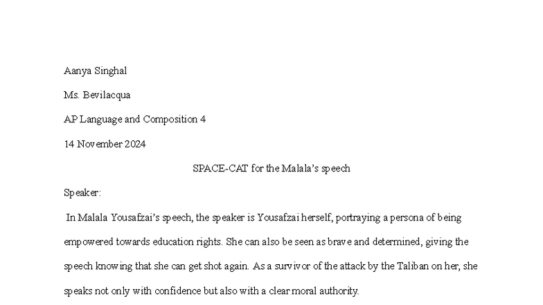 AP Lang & Comp 4: Analyzing Spacecat for Malala's Speech - Studocu