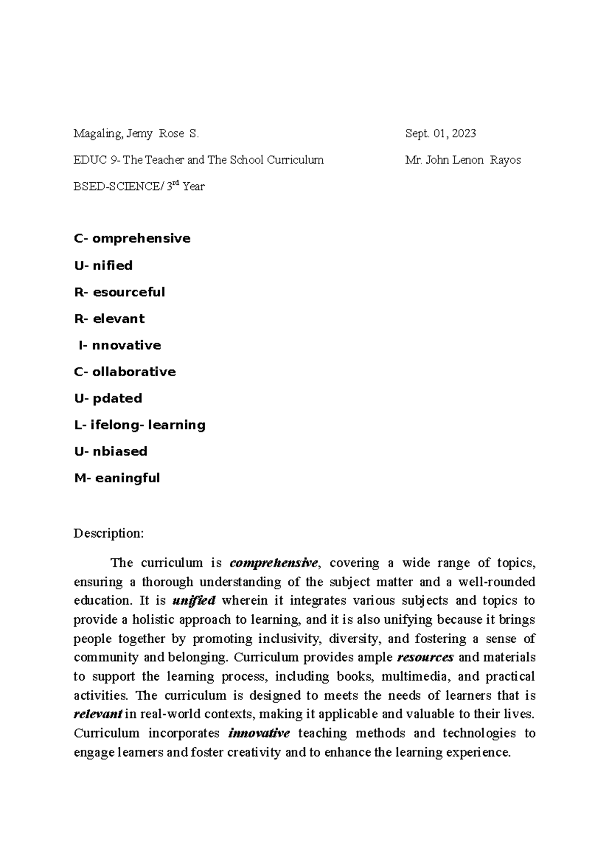 Magaling EDUC-9 - Comprehensive Overview of the Curriculum - Studocu