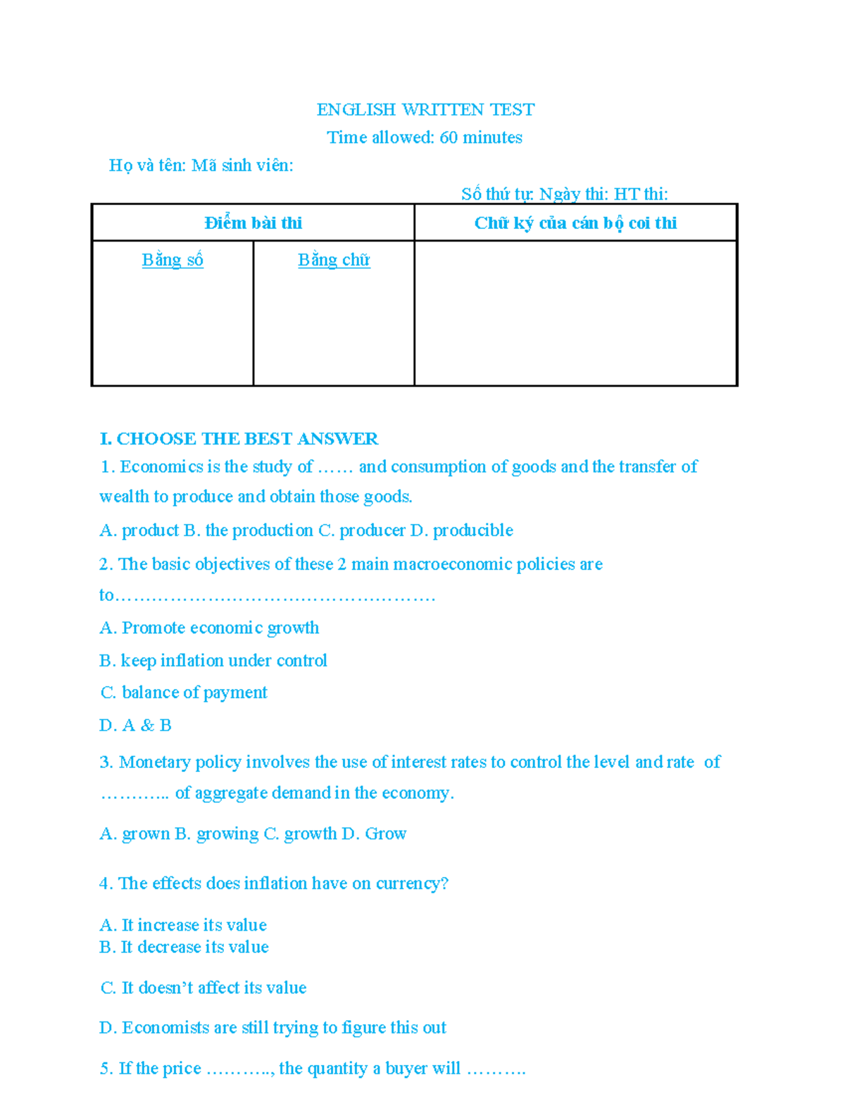 ENGLISH WRITTEN TEST (Course Code: DE2) - 60-Minute Exam - Studocu