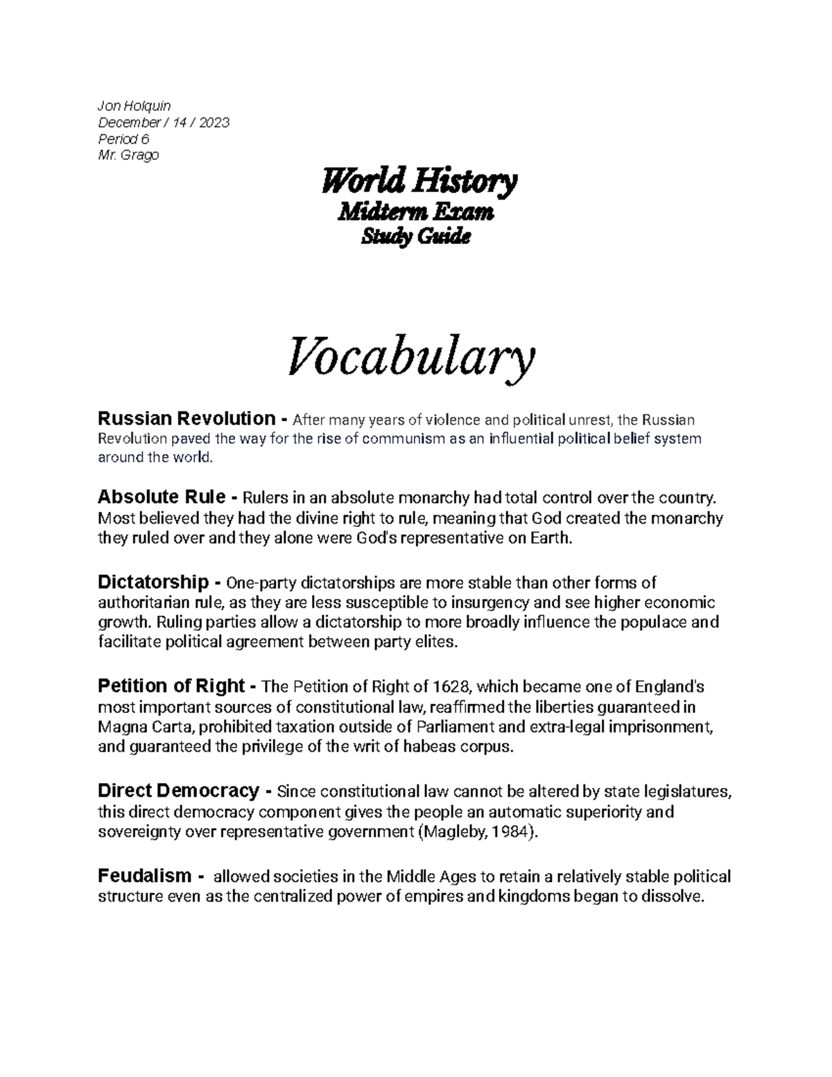 World History Midterm Study Guide - Jon Holquin December / 14 / 2023 ...