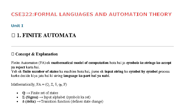 CSE322 Finite Automata: Concept Explanation and Applications - Studocu