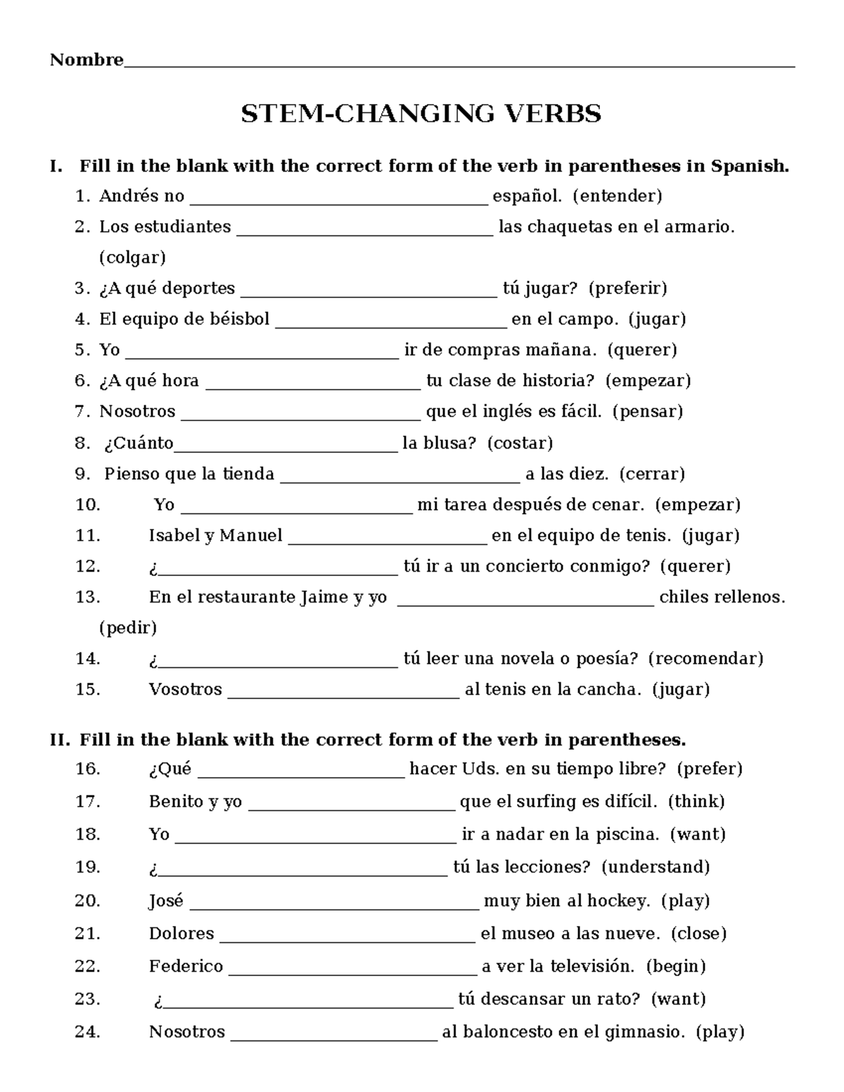 Spanish III Lesson 19: Stem Changing Verbs Practice - Studocu