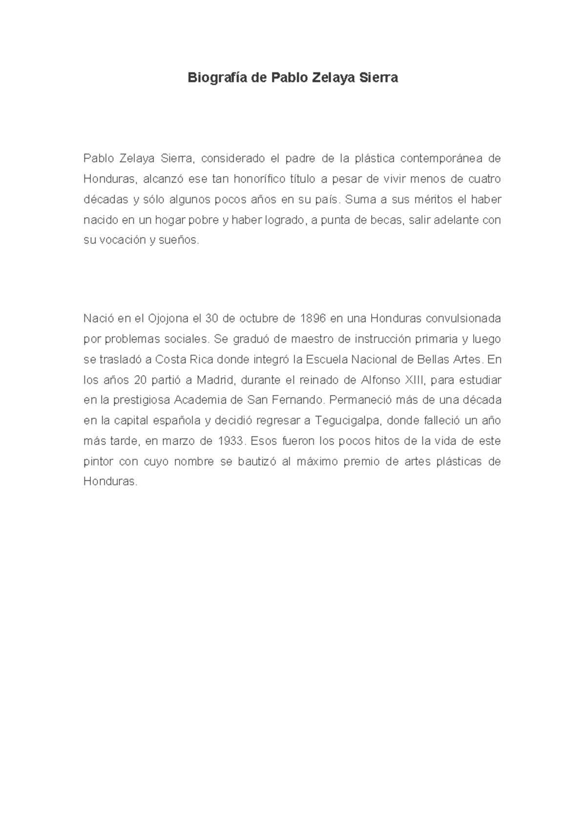Biografía de Pablo Zelaya Sierra: Un Icono de la Plástica Hondureña - Studocu
