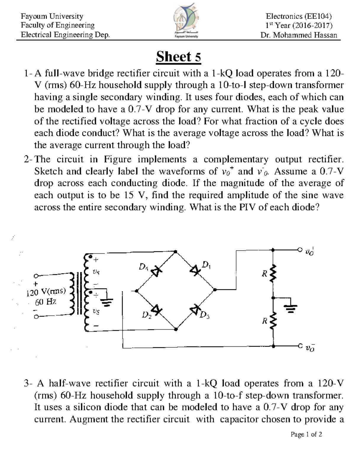 EE104 Electronics Sheet 5: Full-Wave & Half-Wave Rectifier Circuits ...
