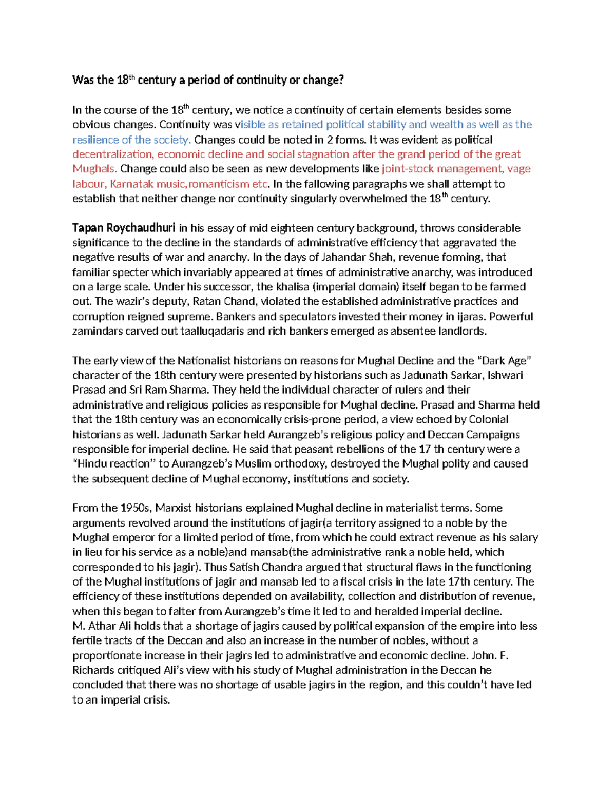 Continuity vs. Change in 18th Century India - Lecture Notes - Studocu