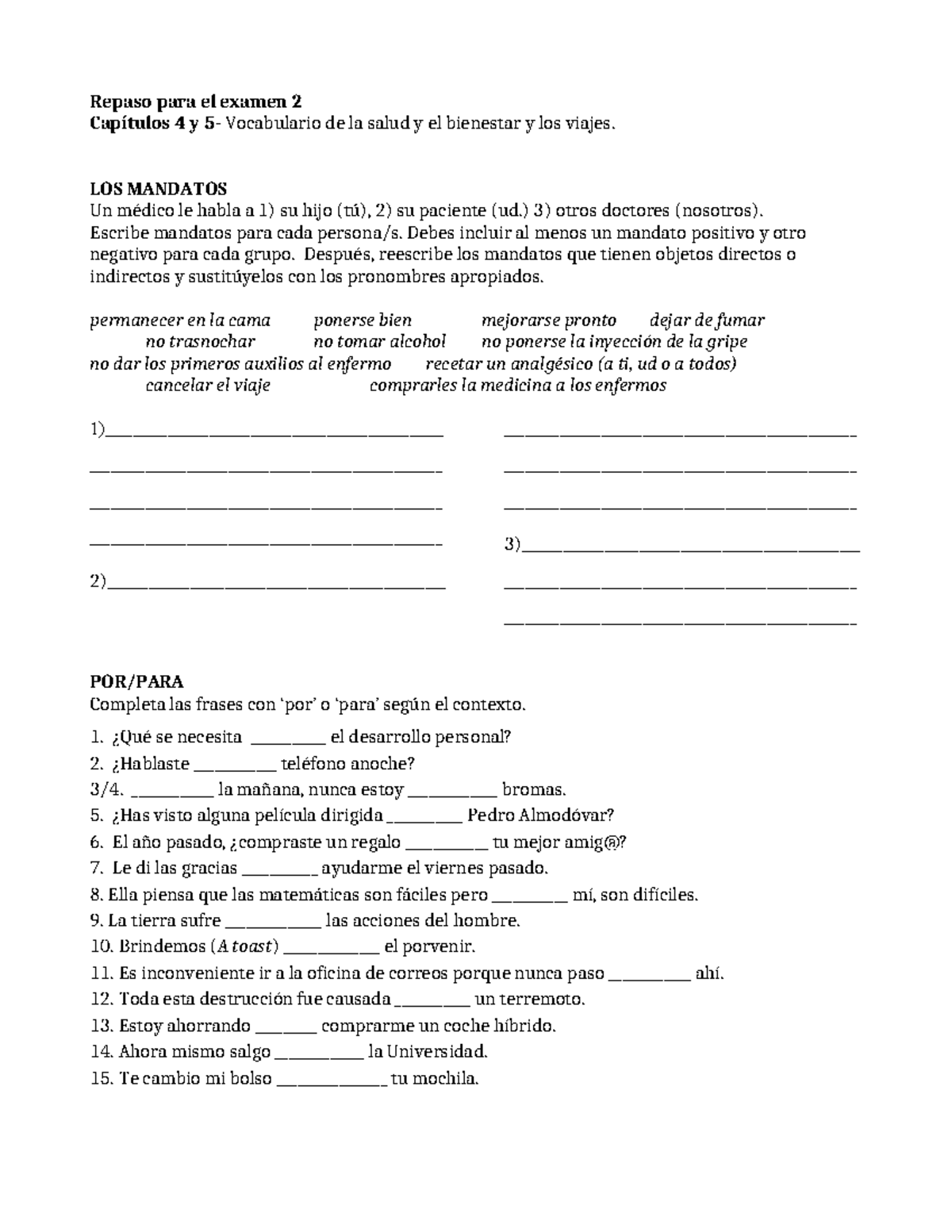 SPAN20 Repaso Examen 2 - Revisando Vocabulario y Gramática - Studocu