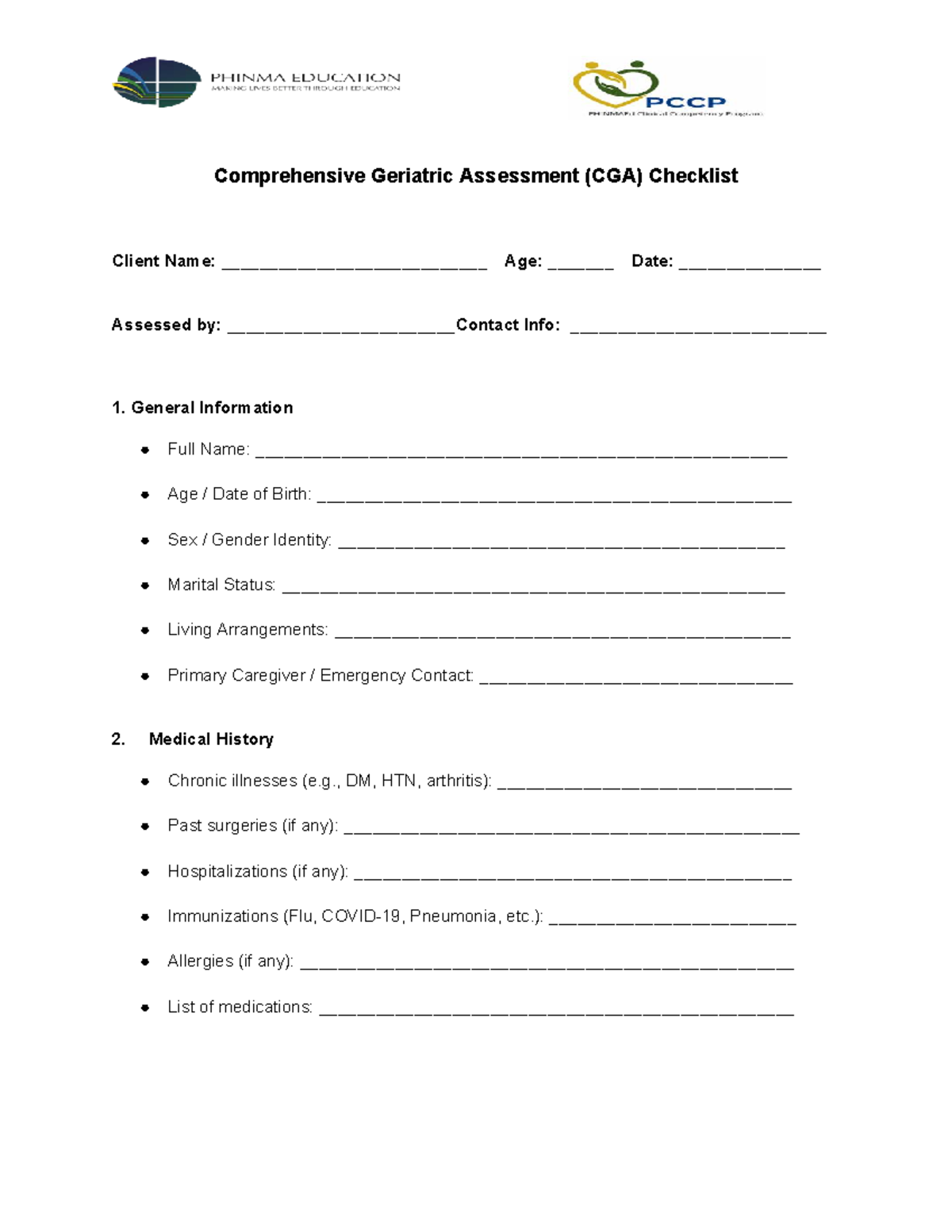 Comprehensive Geriatric Assessment (CGA) Checklist - , DM, HTN, arthritis): - Studocu