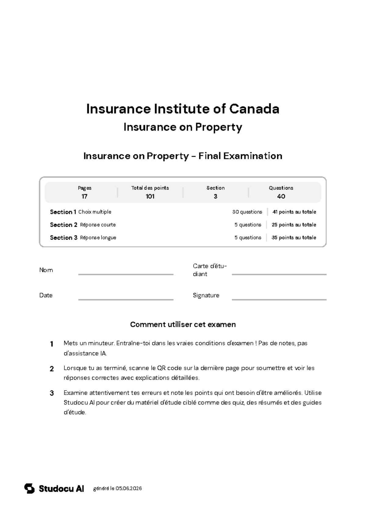 Insurance on Property - Final Examination - Studocu