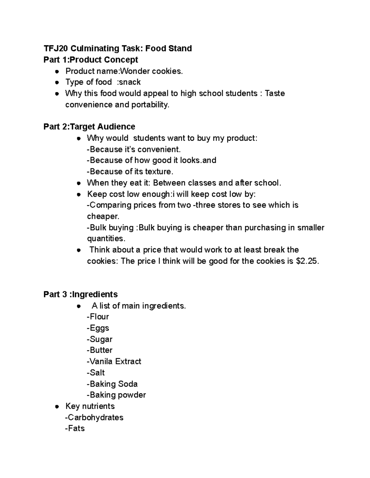 TFJ20 Culminating Task: Food Stand Concept for Wonder Cookies - Studocu