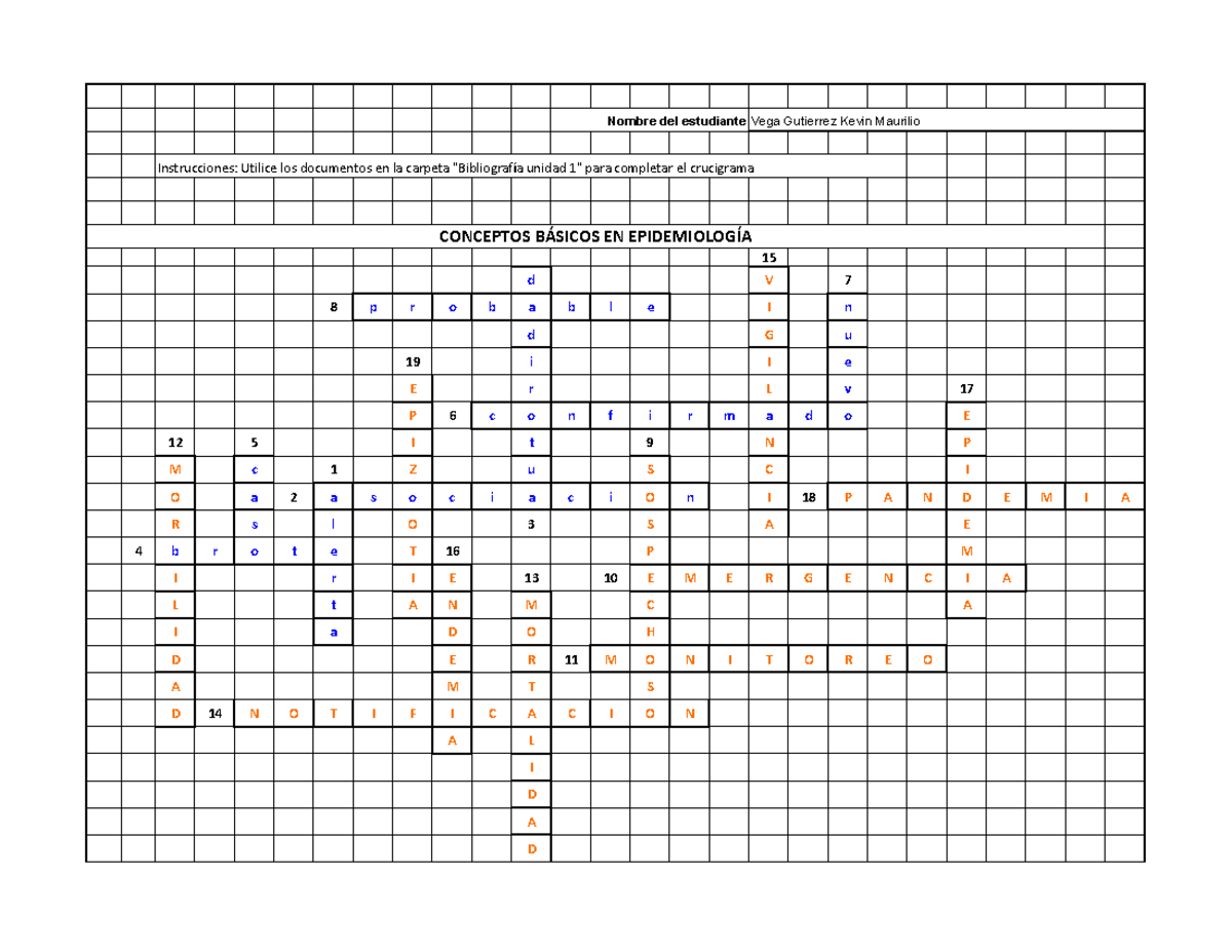 Crucigrama unidad 1. conceptos básicos en epidemiología - 15 d V 7 8 p ...