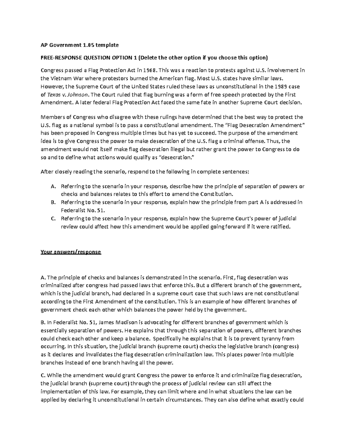 AP Government 1.05 Essay: Flag Protection Act & Constitutional ...
