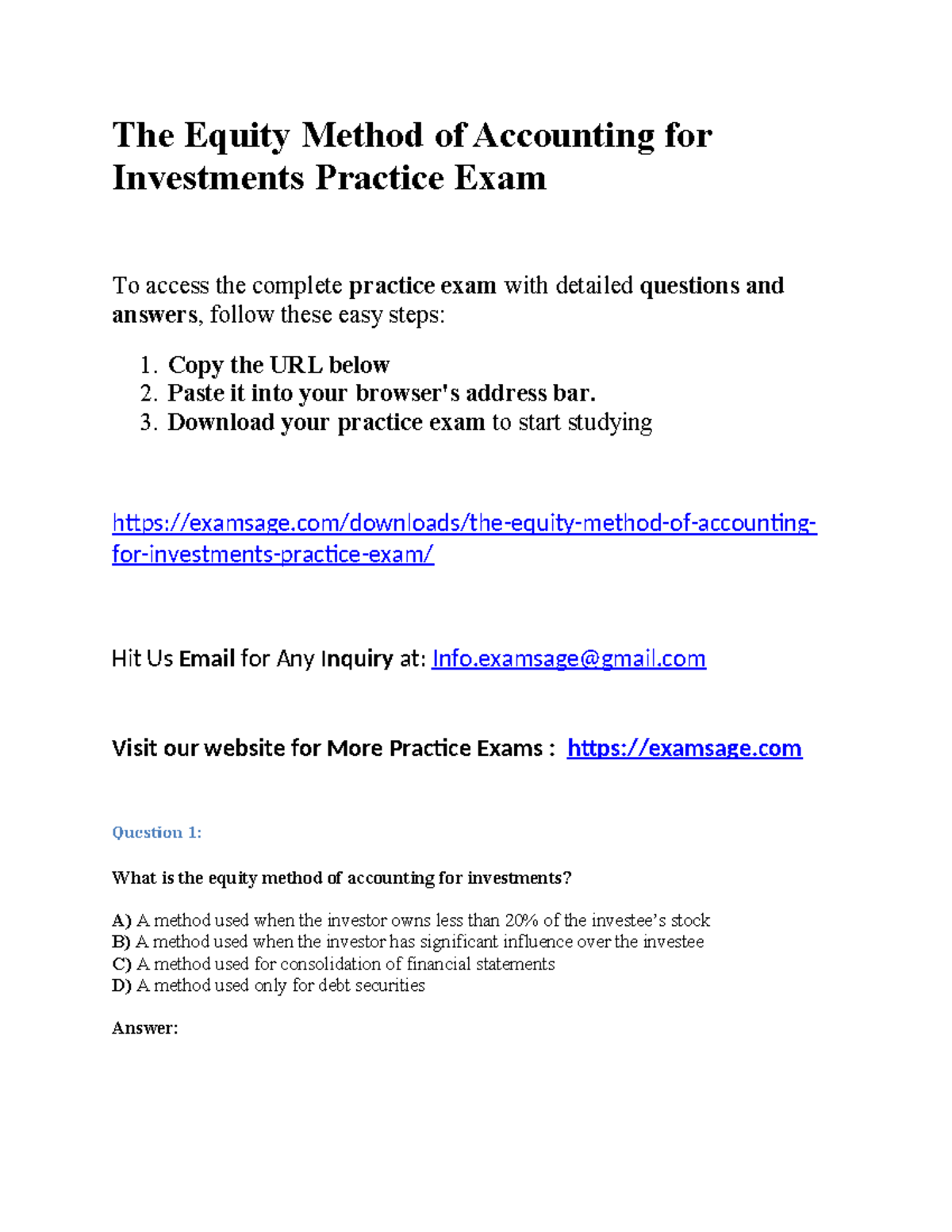 Equity Method of Accounting for Investments - Practice Exam Guide - Studocu