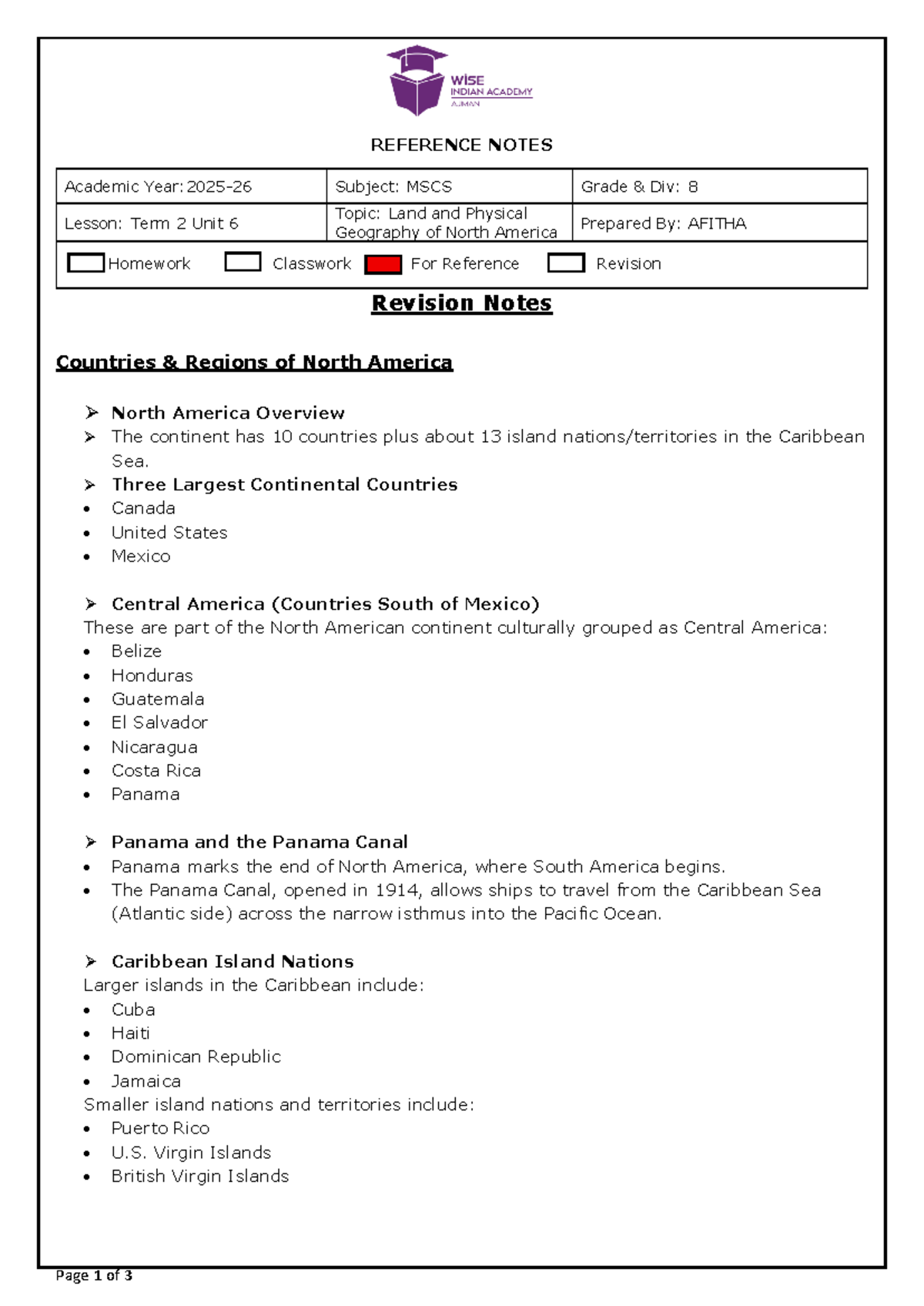 MSCS 8 Lesson: North America - Geography Revision Notes - Studocu