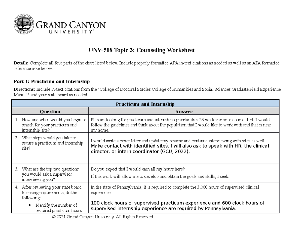UNV-508 Topic 3: Counseling Worksheet & Practicum Insights - Studocu