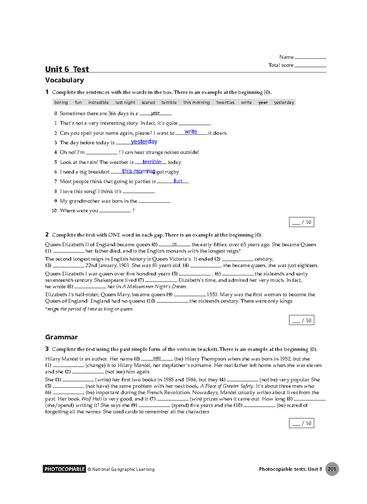 UNIT Tests- Unit 6-8 - ... - PHOTOCOPIABLE © National Geographic ...