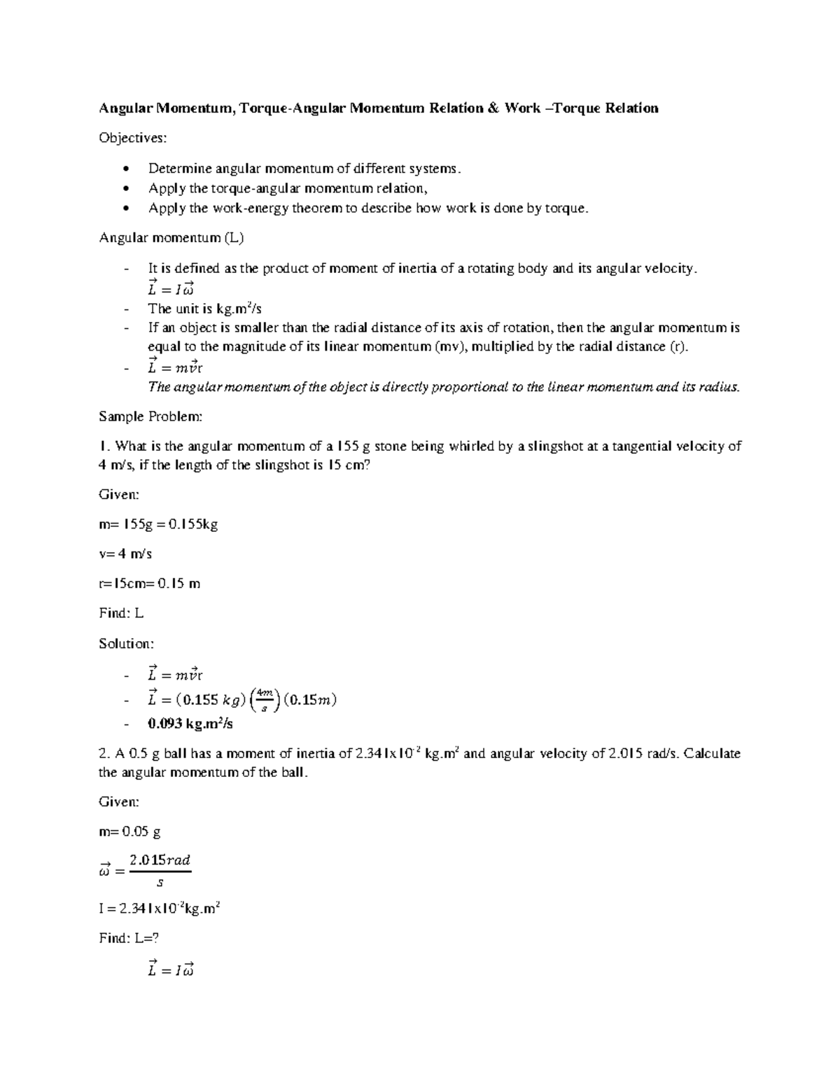 Lecture note and task sheet 2 - Angular Momentum, Torque-Angular ...