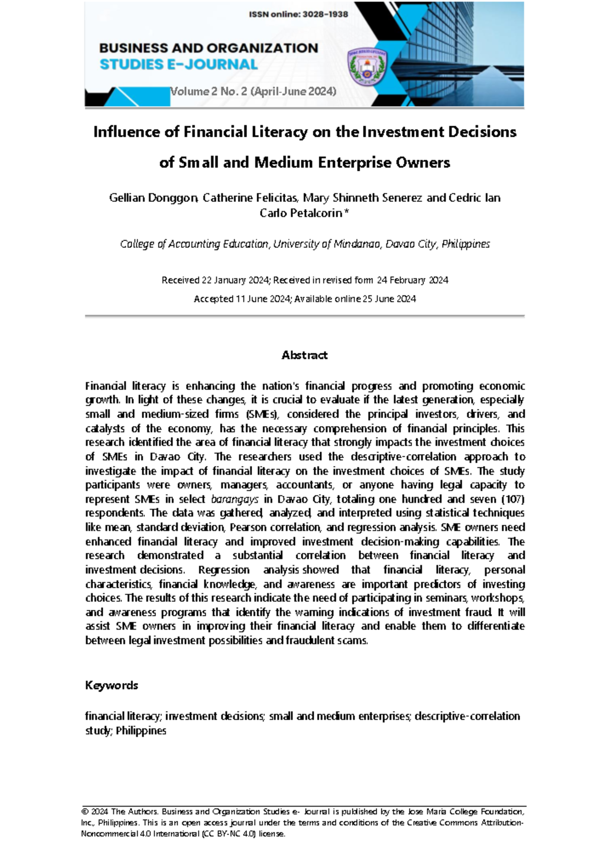 Influence of Financial Literacy on SME Investment Decisions (BOSe J 2 ...
