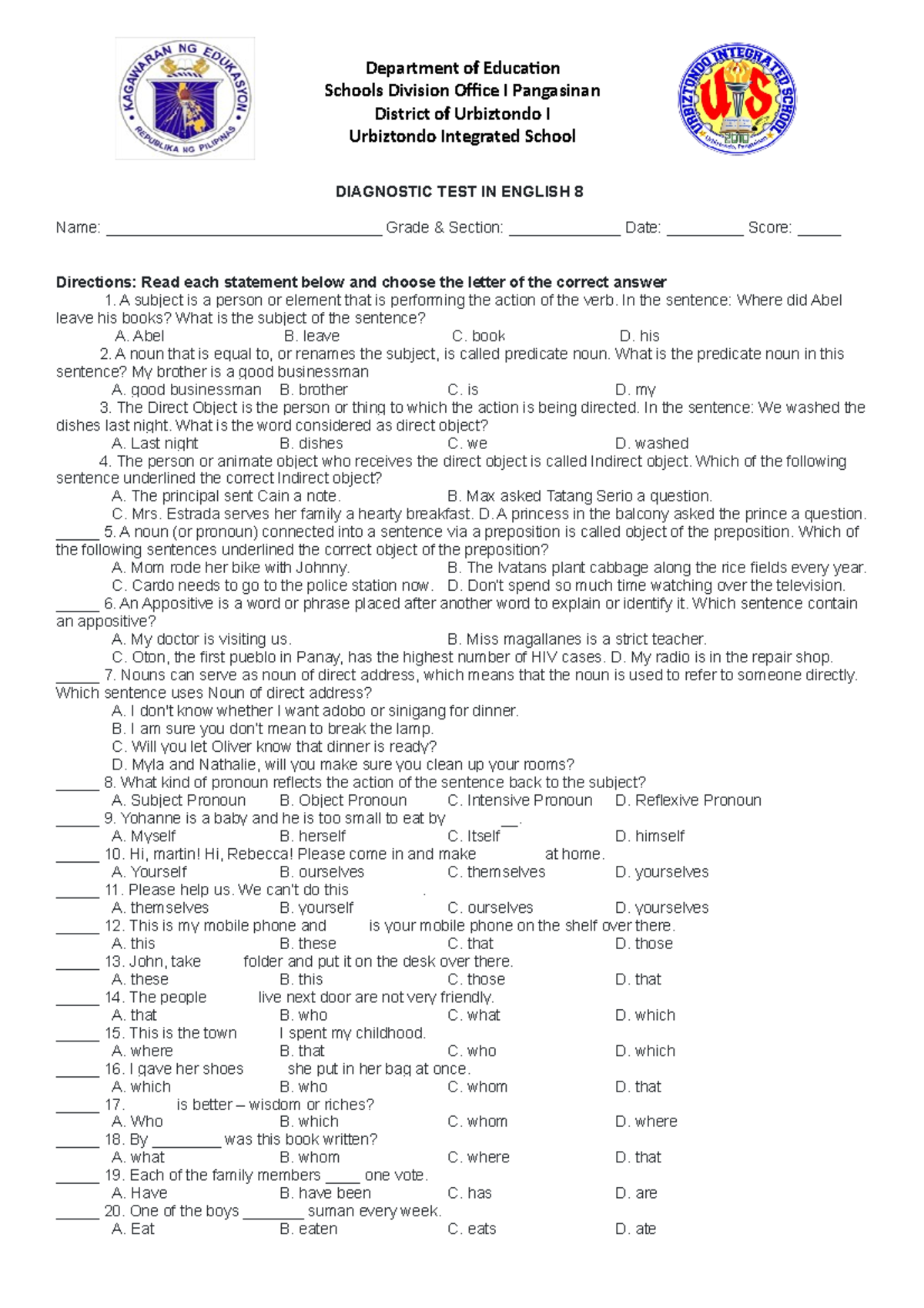 Diagnostic Test for English 8: Comprehensive Questions and Answers ...