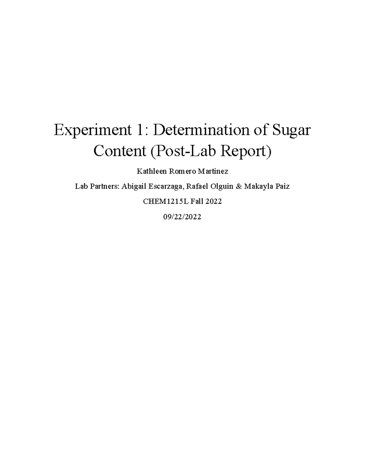 Experiment 1- Post Lab Report - Experiment 1: Determination of Sugar Content (Post-Lab Report ...
