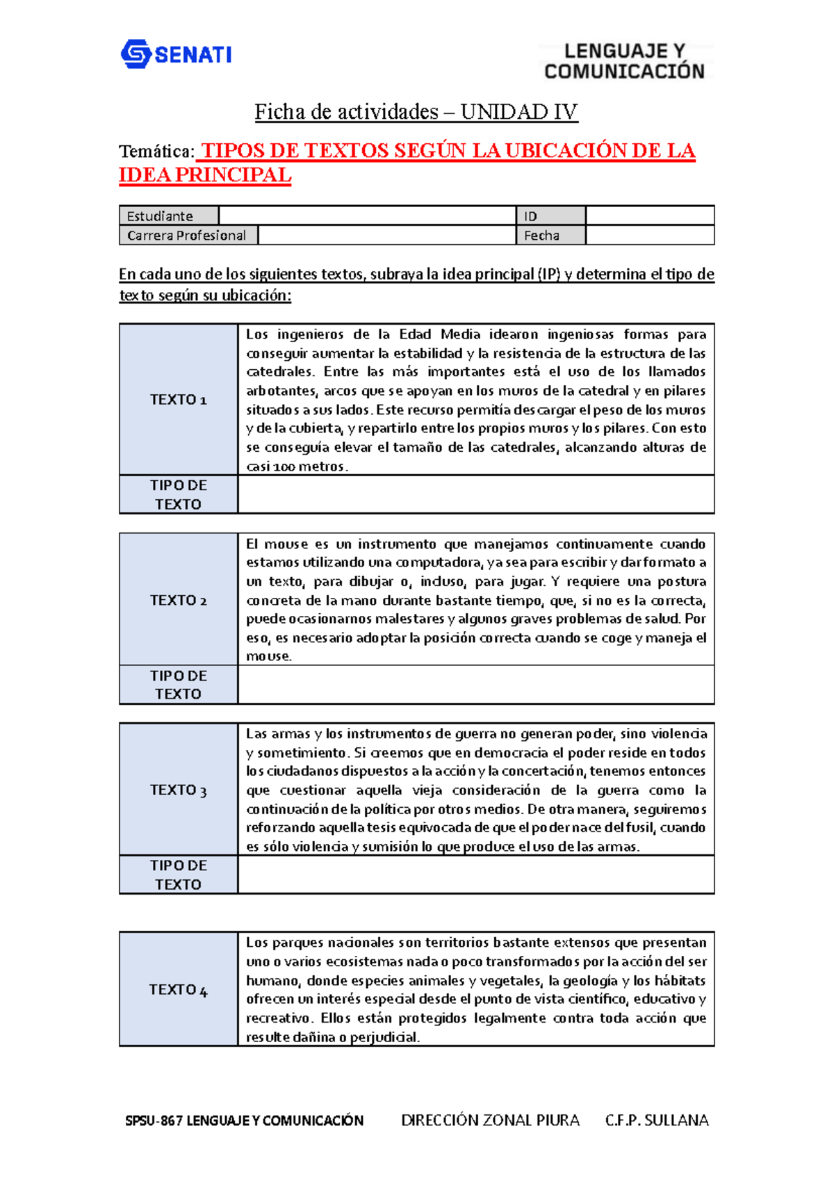 Tipos de Textos según la Ubicación de la Idea Principal - UNIDAD IV ...