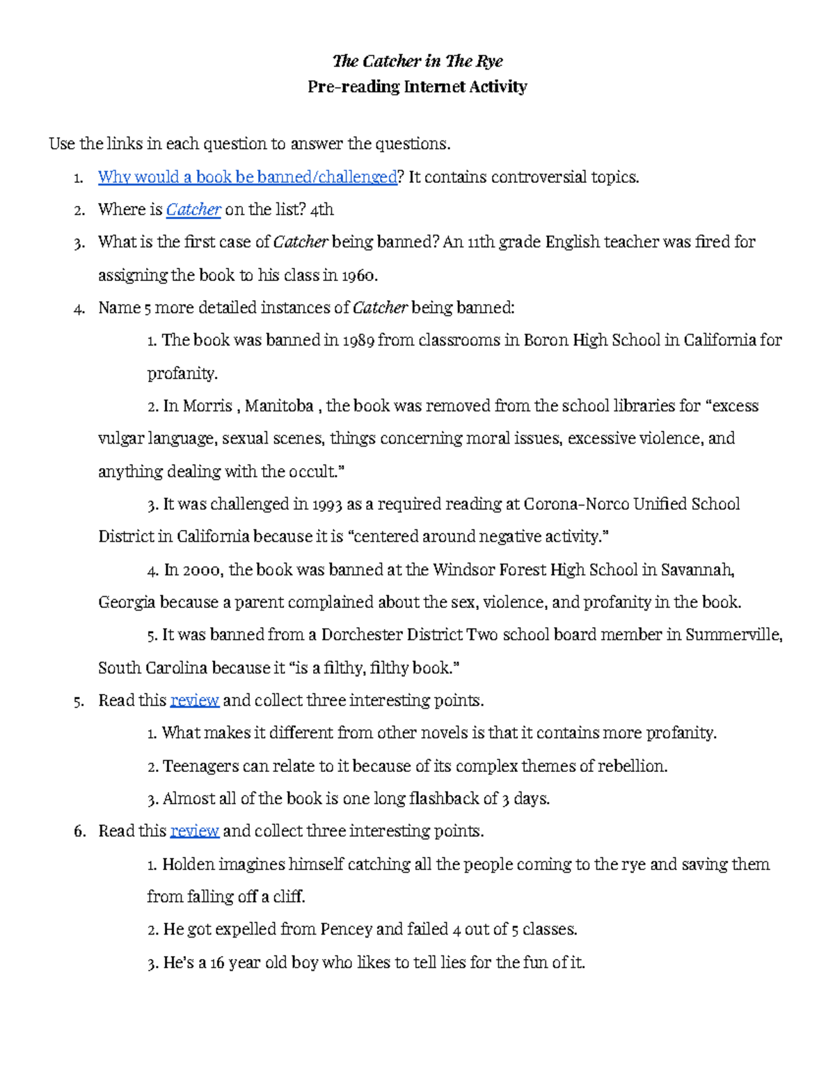Jazlene Rodriguez - Catcher Pre-Reading Guide - 4446880 - Studocu