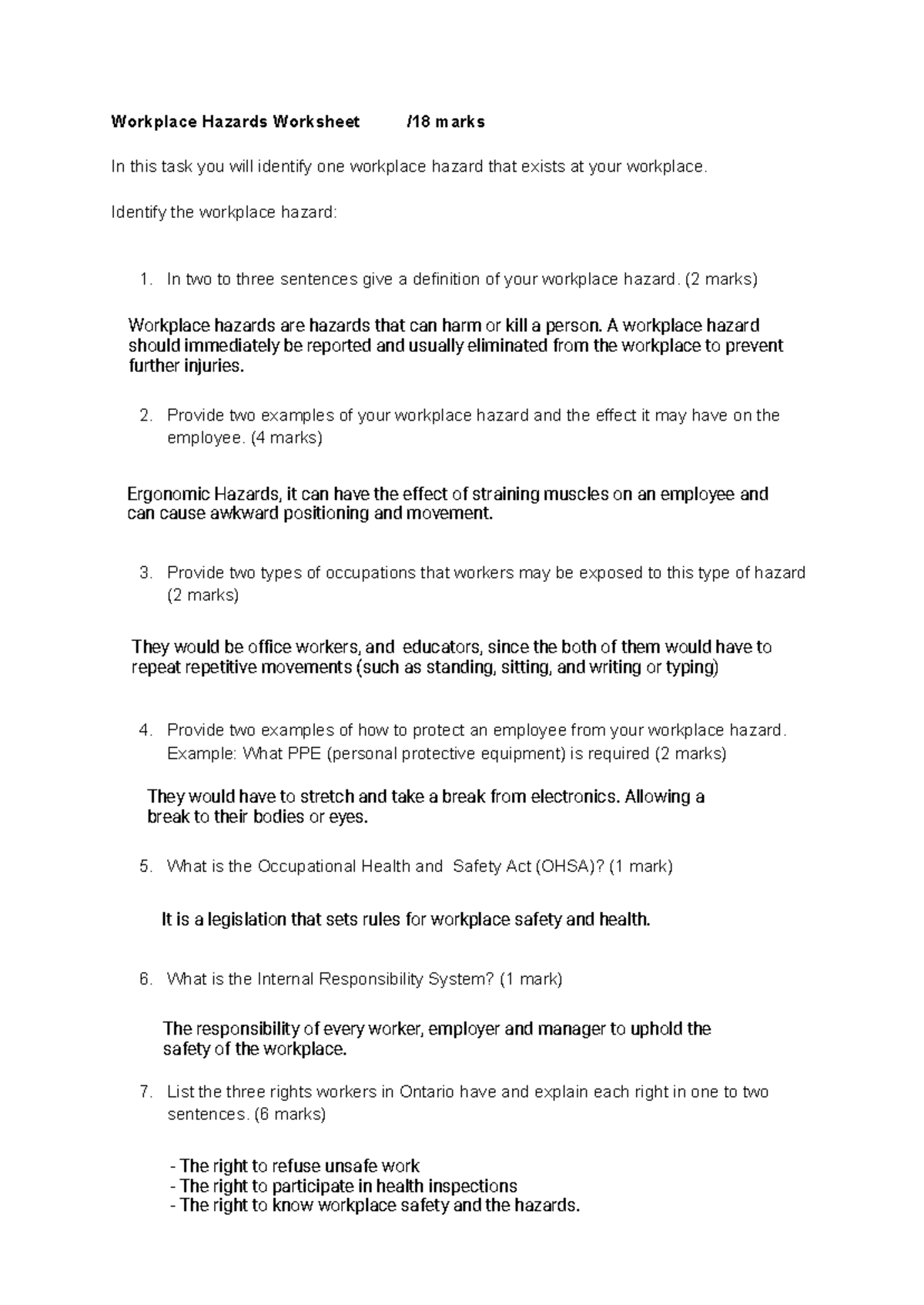 Workplace Hazards Worksheet - Identifying and Managing Risks - Studocu