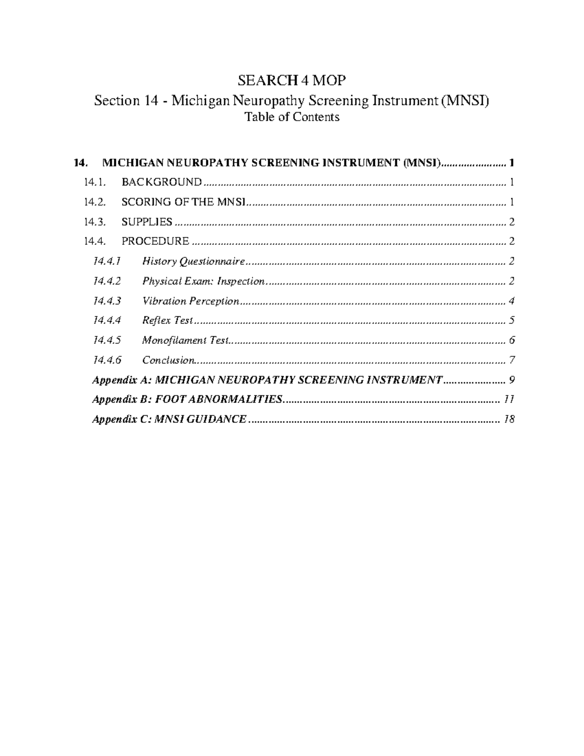 14 SEARCH Phase 4 MOP: Michigan Neuropathy Screening Instrument (MNSI ...