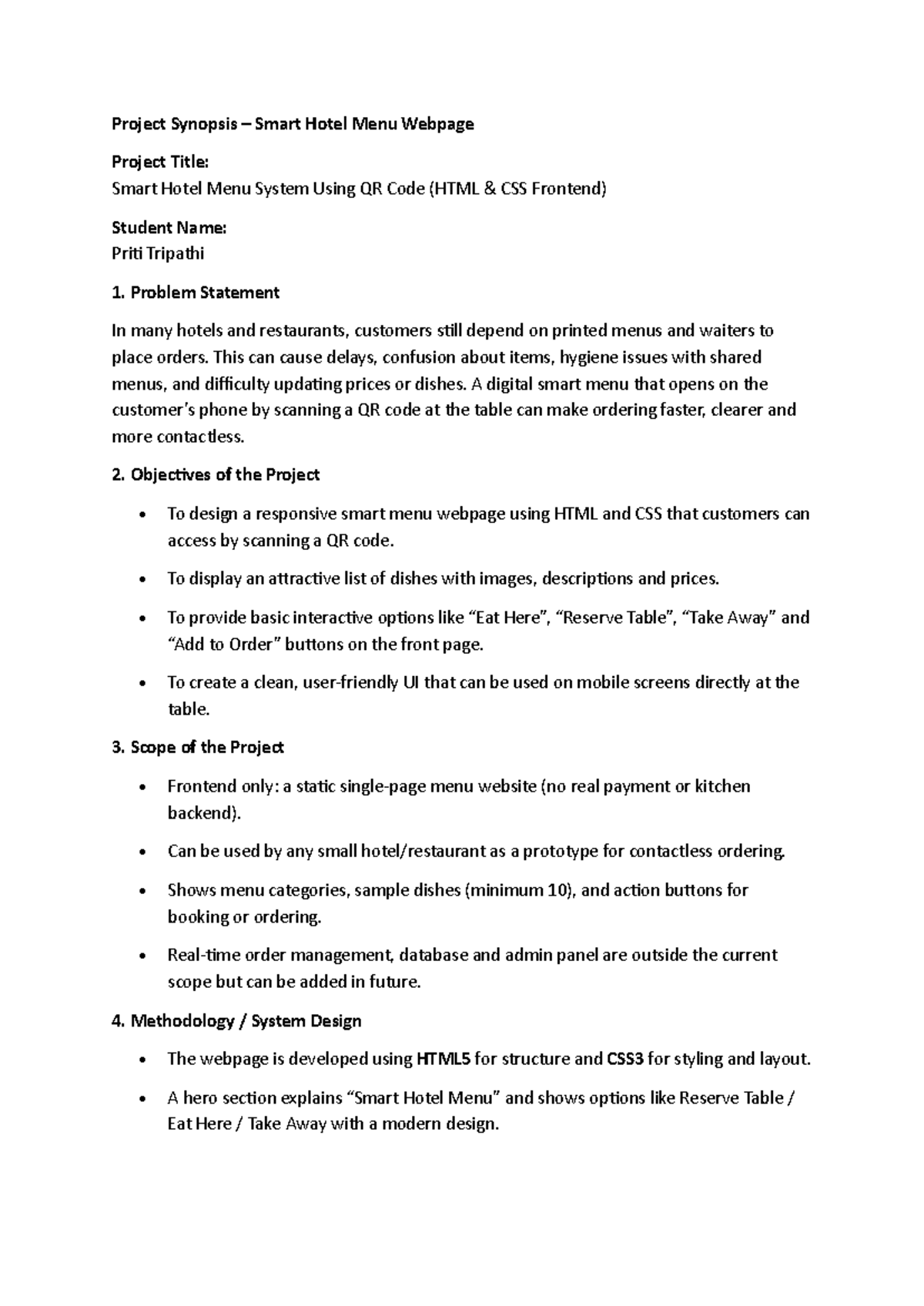 Smart Hotel Menu System Project Synopsis (HTML/CSS) - Studocu