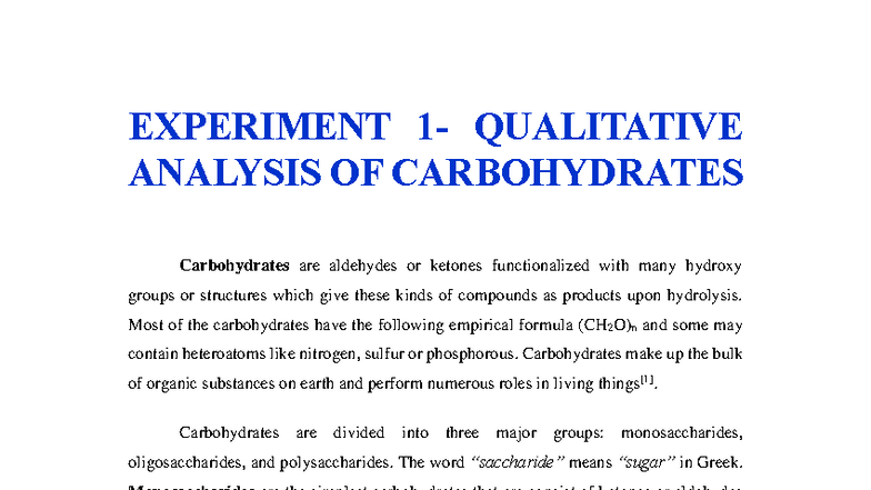 CHEM 457 - Qualitative Analysis of Carbohydrates Experiment - Studocu