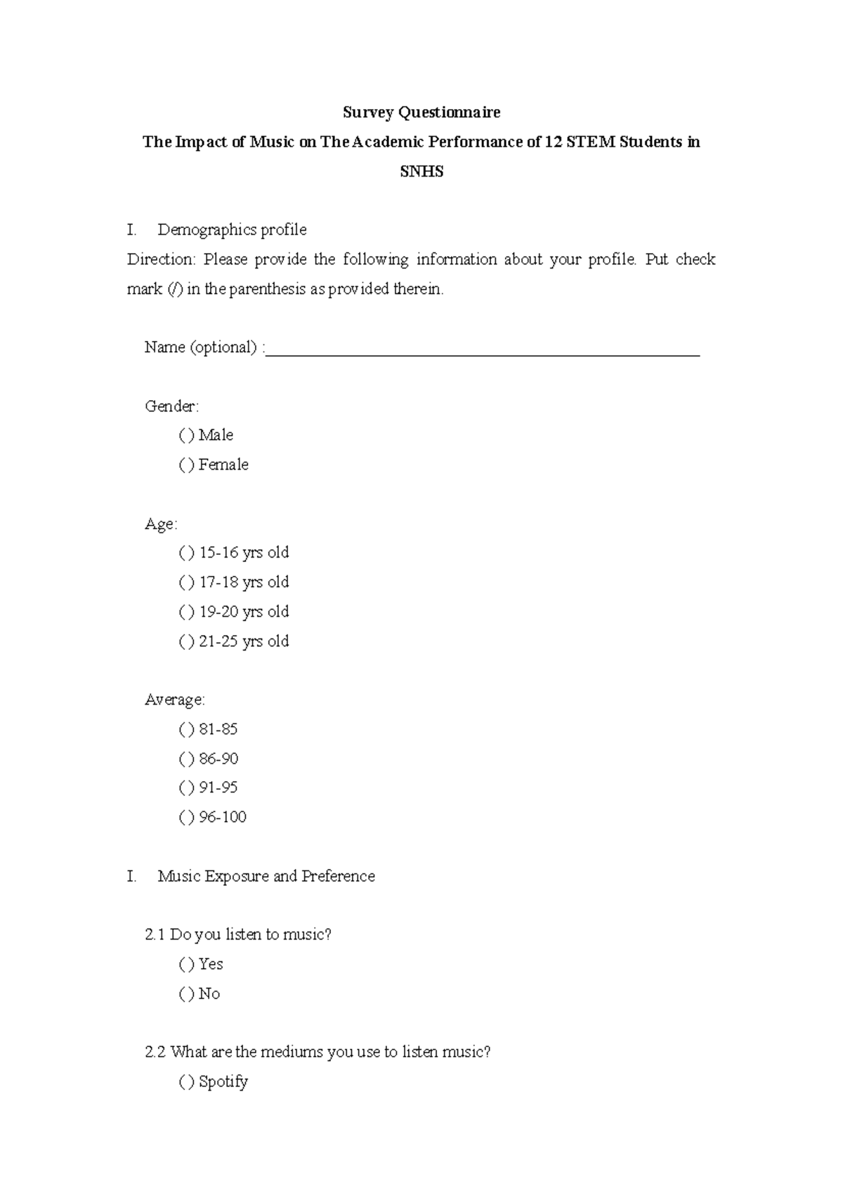 Survey Questionnaire: The Impact of Music on 12 STEM Students' Grades ...