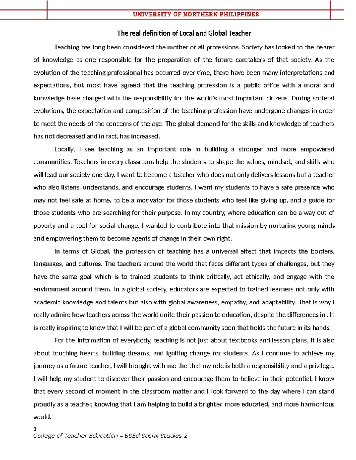BSEd Social Studies 2: The Role of Local and Global Teachers in ...